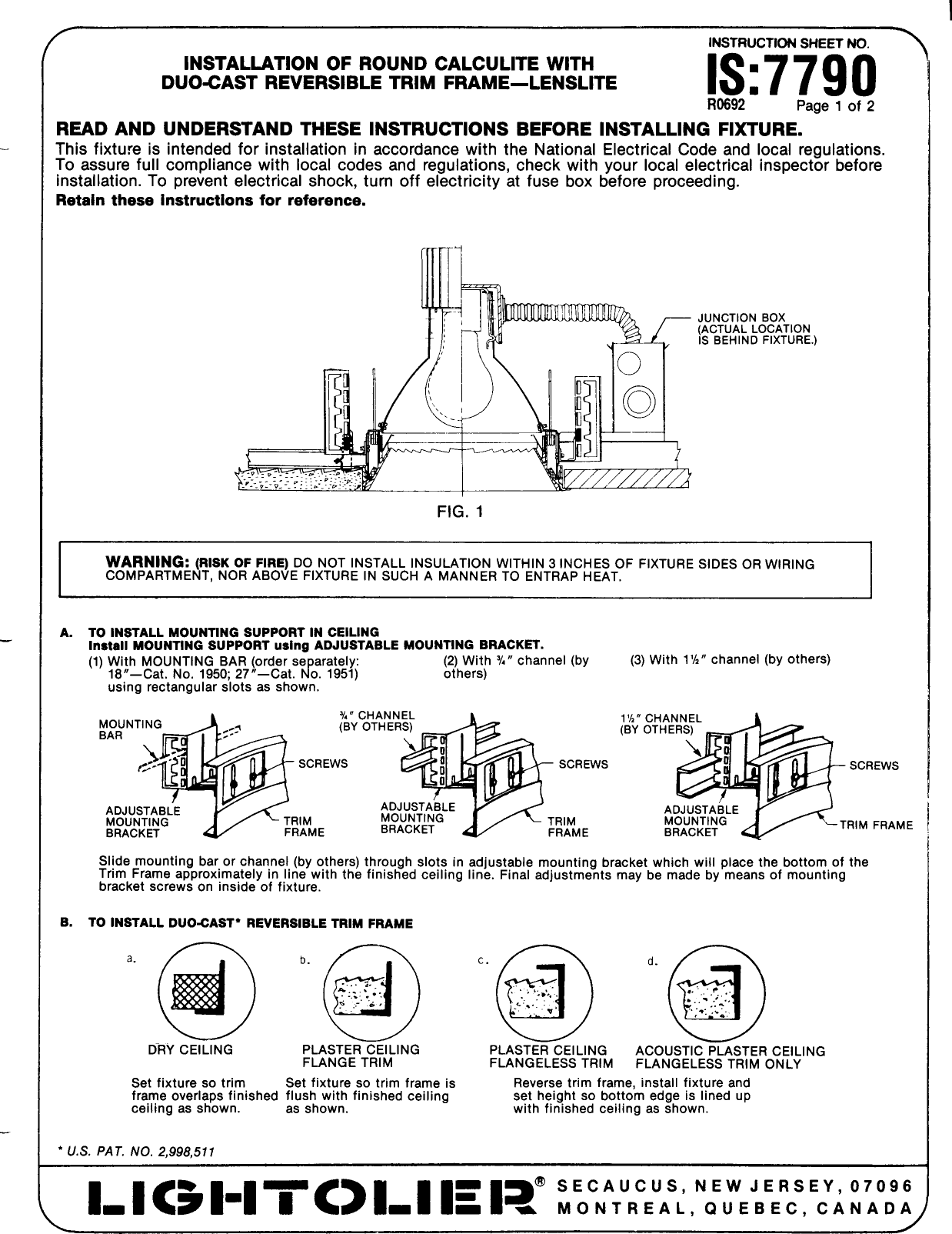 Lightolier Calculite Incandescent Lensed Downlight 7790 Users Manual ...