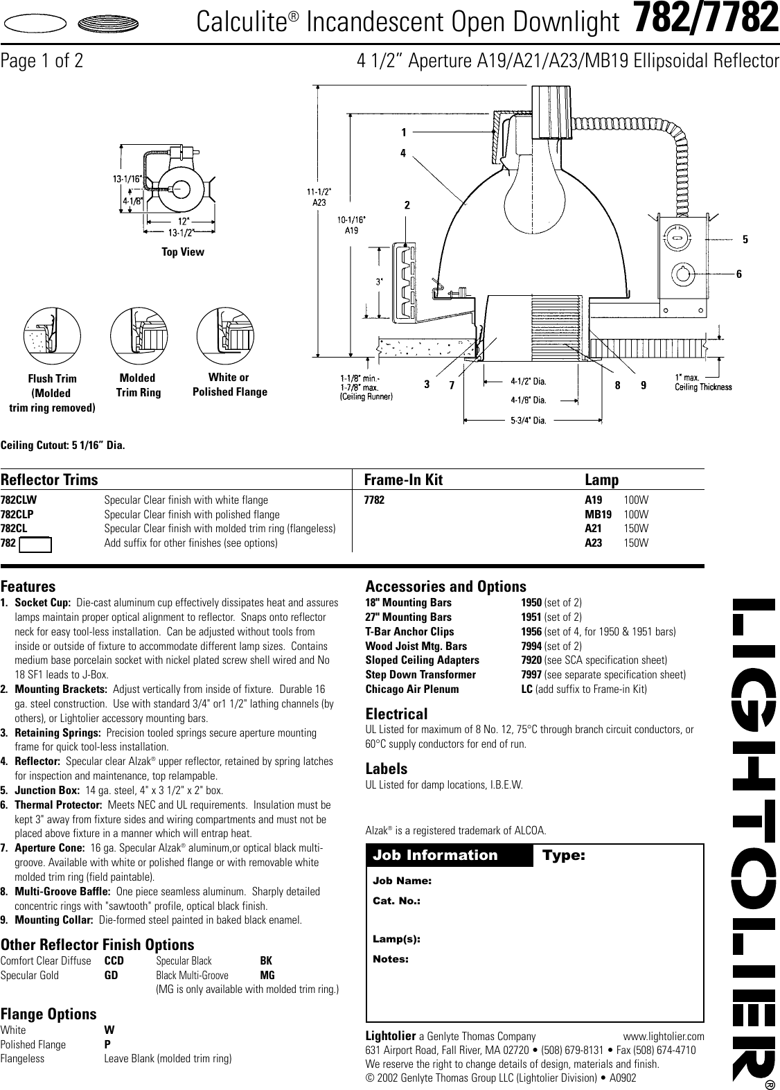 Lightolier Calculite Incandescent Open Downlight 7782 Users Manual 782/7782