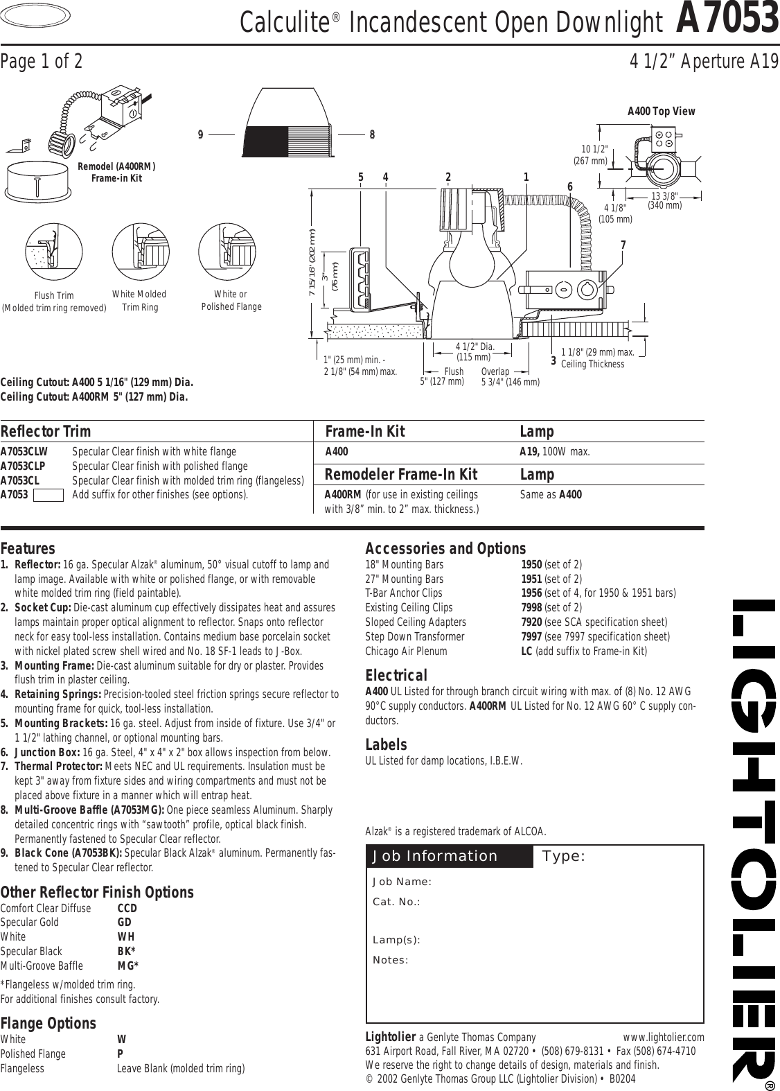 Lightolier Calculite Incandescent Open Downlight A7053 Users Manual