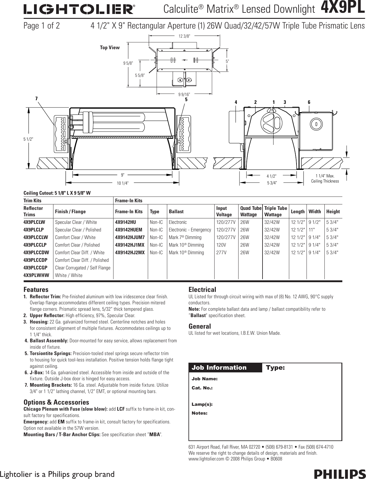 Lightolier Calculite Matrix Lensed Downlight 4X9Pl Users Manual