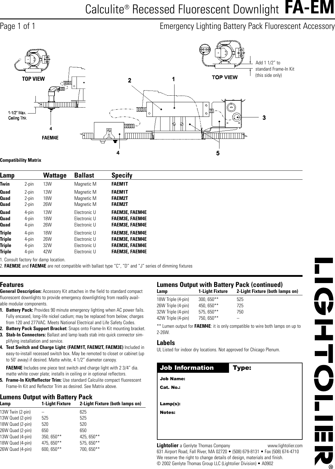 Lightolier Calculite Recessed Fluorescent Downlight Fa Em Users Manual