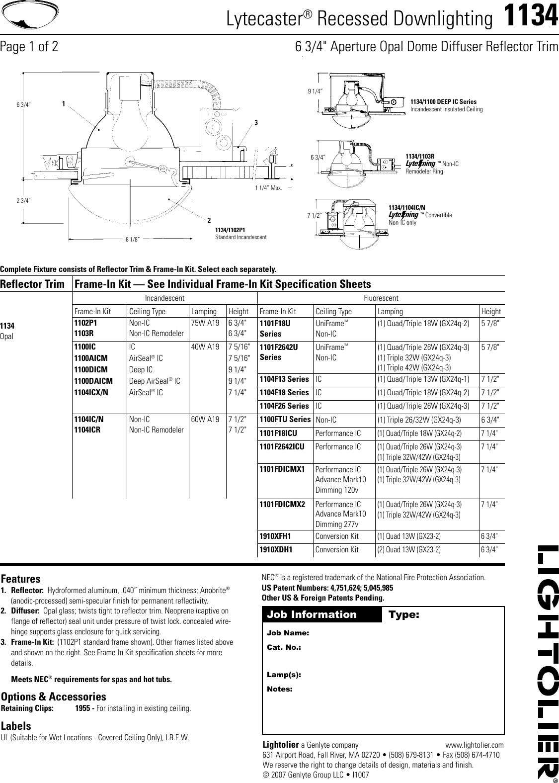 Lightolier Lytecaster Recessed Downlighting 1134 Users Manual
