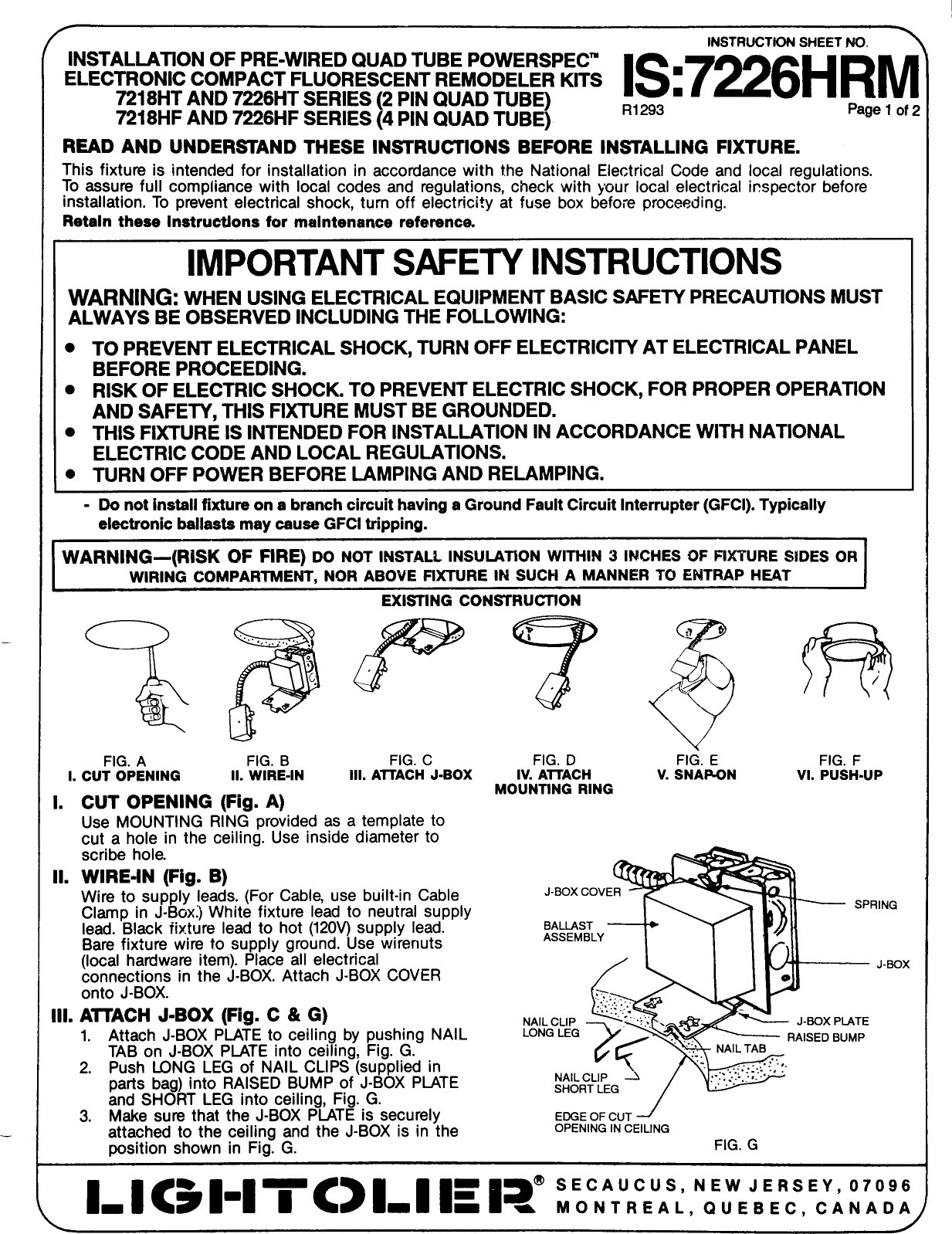 Lightolier Lytespantrack Lighting System 7226Hrm Users Manual Calculite ...