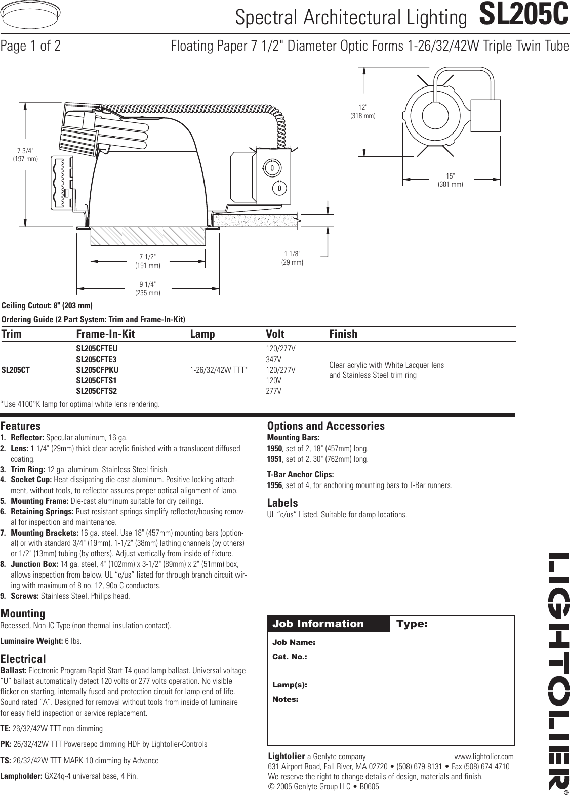 Lightolier Spectral Architectural Lighting Sl205C Users Manual