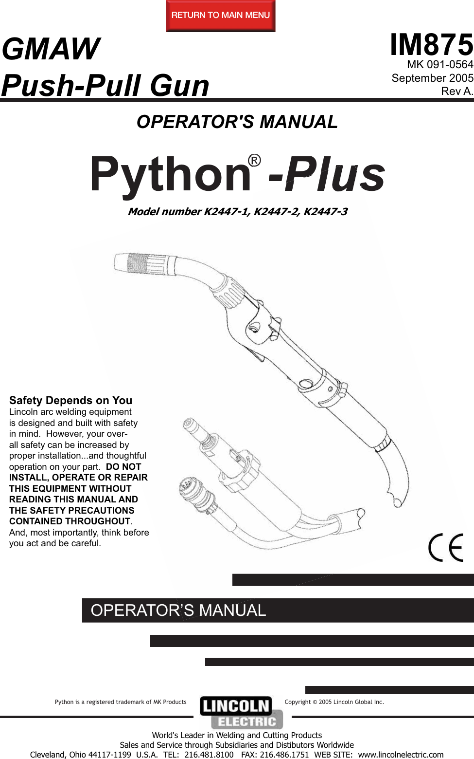 Lincoln Electric Python Plus K2447 1 Users Manual Im875