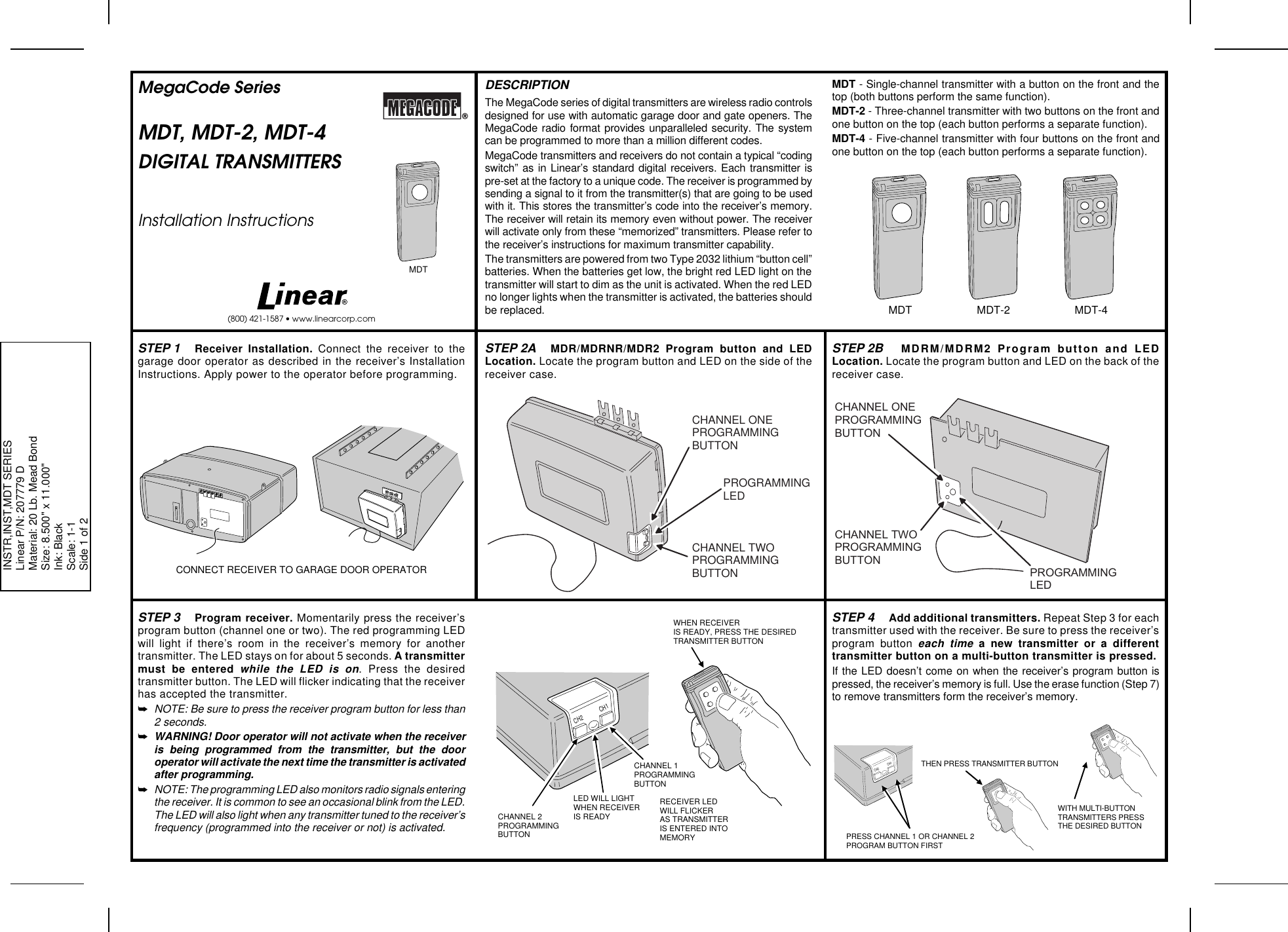 Linear Mdt 1A 1 Channel Visor Transmitter Quick Start Guide Ventura 207779D.CHP