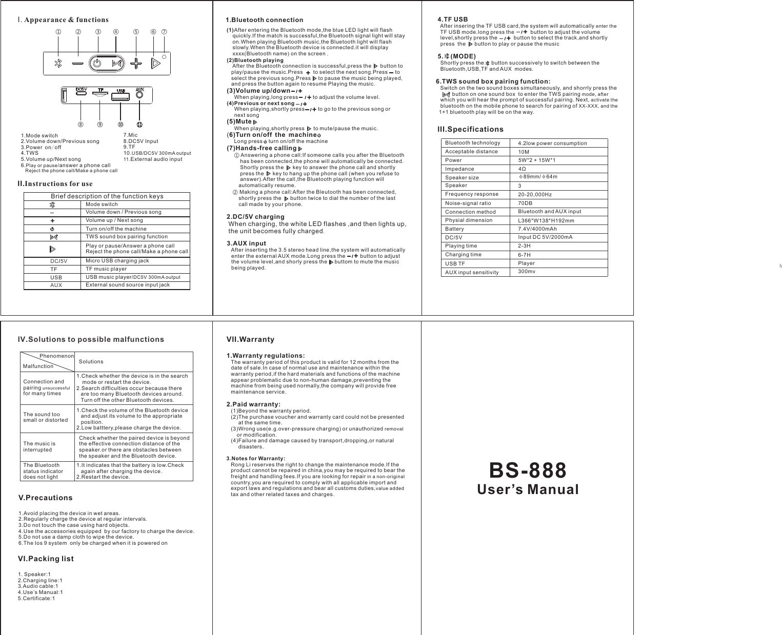Lingway Electronics Technology BS-888 Bluetooth speaker User Manual BS ...