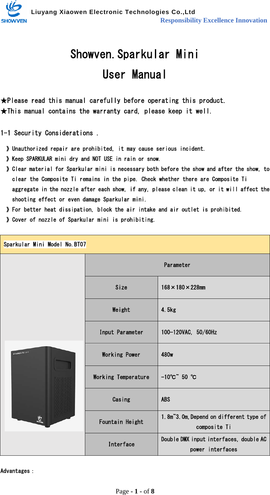 Liuyang Xiaowen Electronic Technologies BTXX SPARKULAR mini User Manual