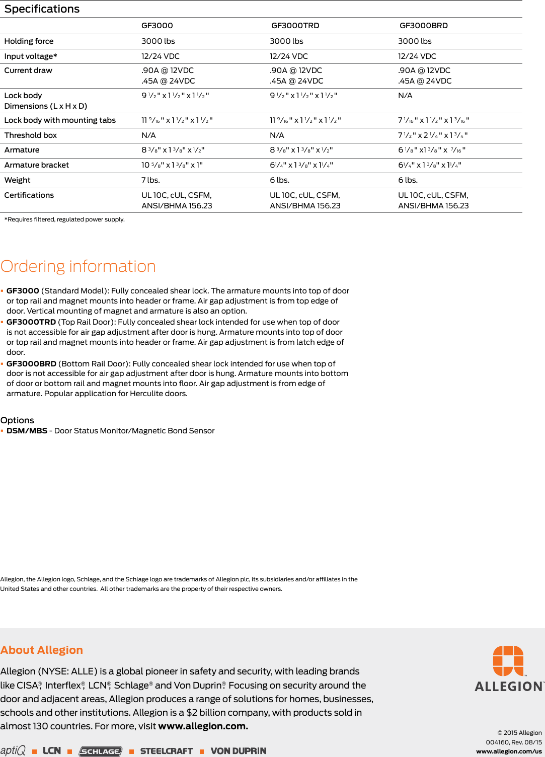 Locks GF3000 Mortise Electromagetic Data Sheet 104160
