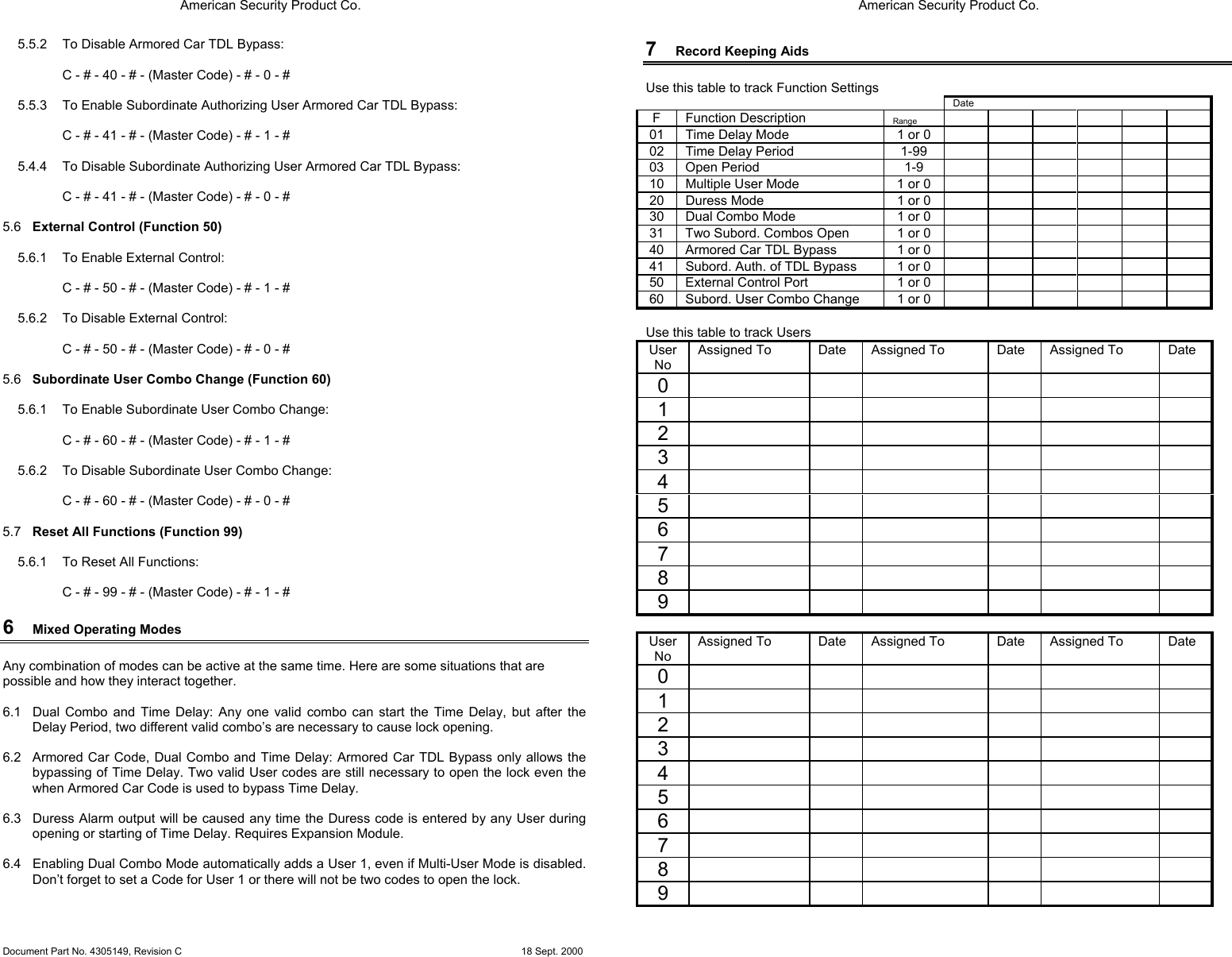 Locks Operating Instructions For ESL10 Electronic Safe Lock ESL20 ...