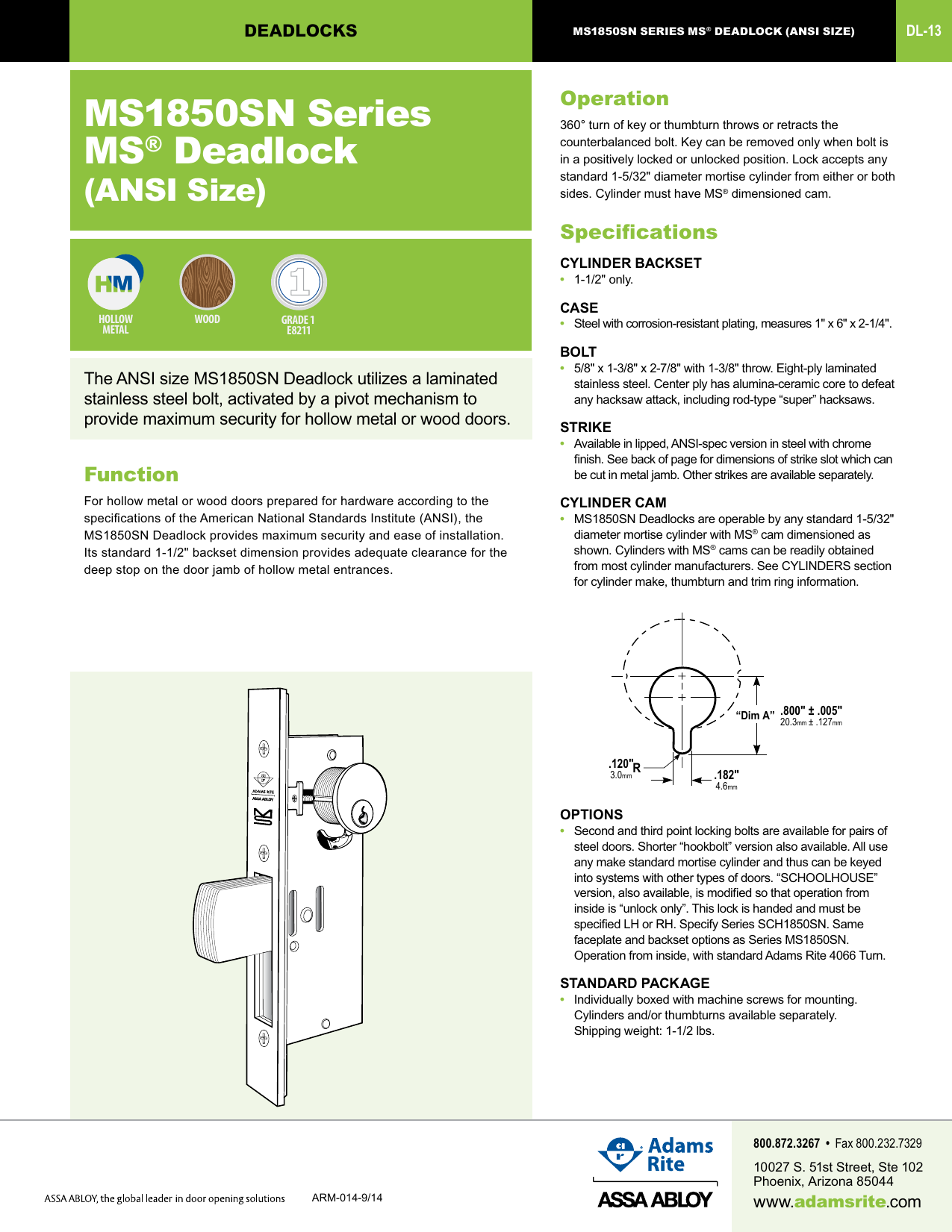 Locks MS1850SN Series MS ANSI Deadlock