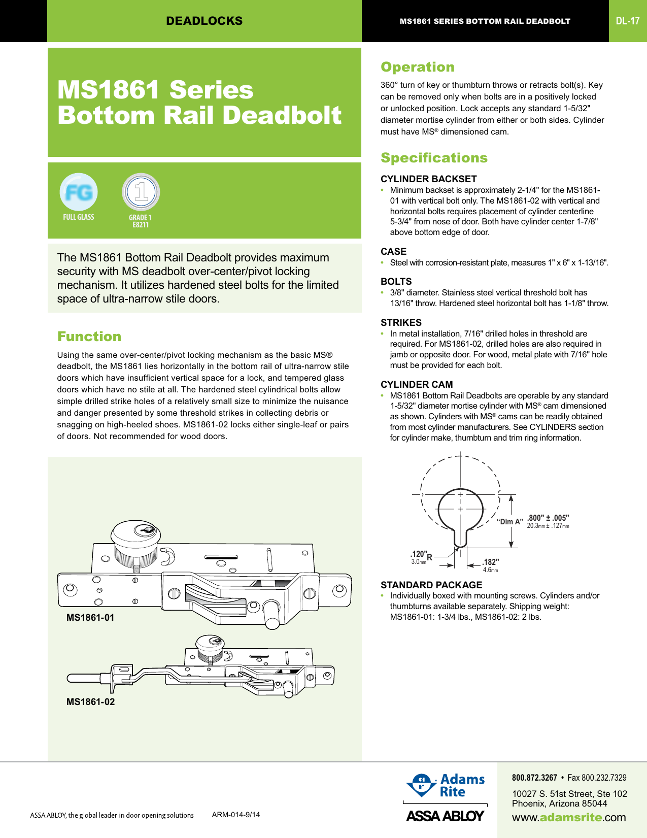 Locks MS1861 Series Bottom Rail Deadbolt