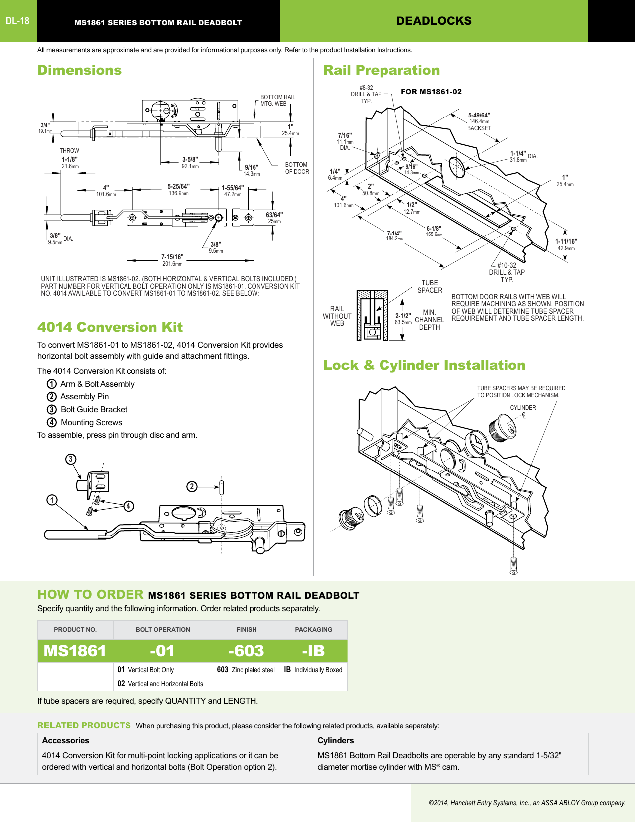 Locks MS1861 Series Bottom Rail Deadbolt
