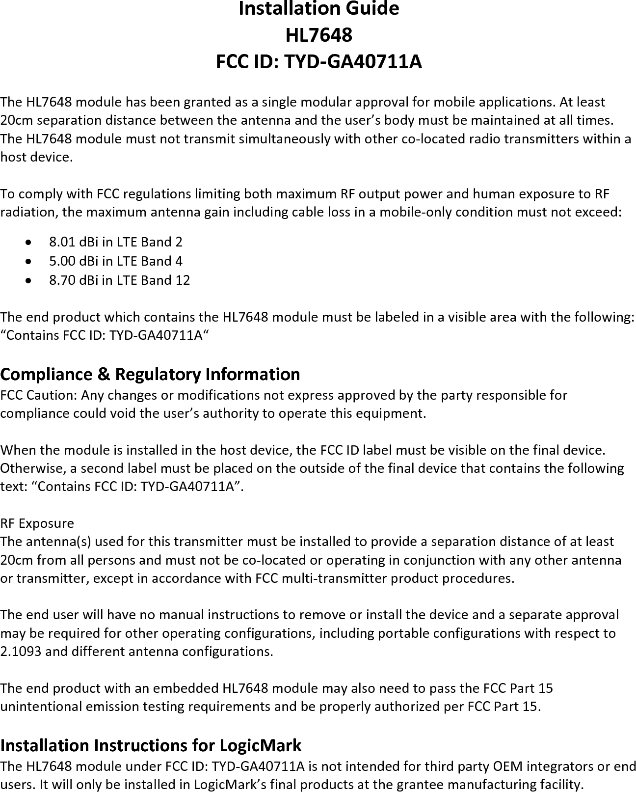 LogicMark GA40711A HL7648 Module User Manual Installation Manual