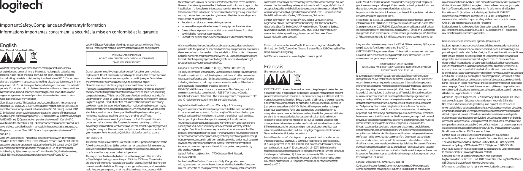 Logitech Far East MR0065 Wireless Trackball User Manual Statement