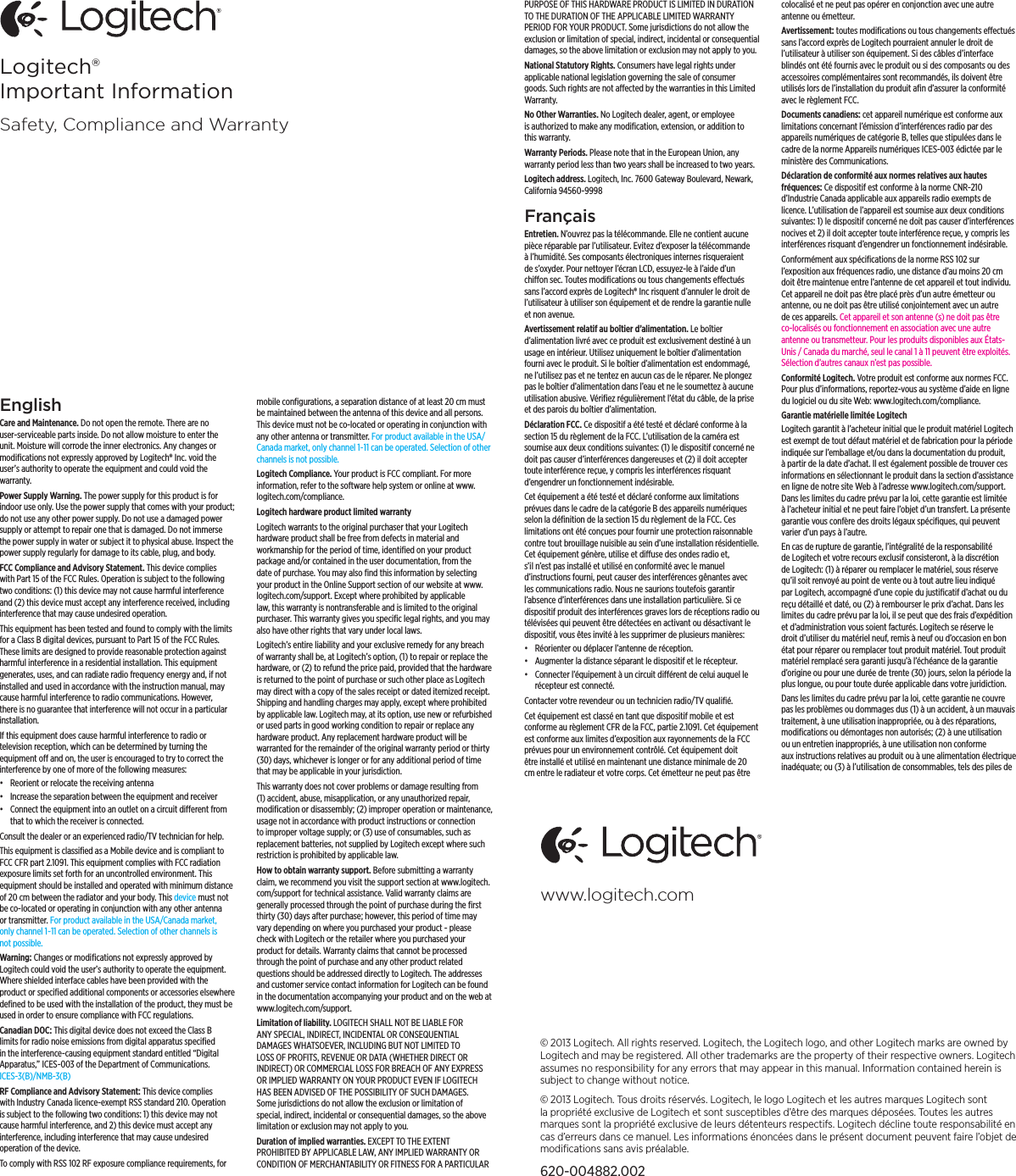 Logitech Far East OR0004 RF Transceiver User Manual for statement