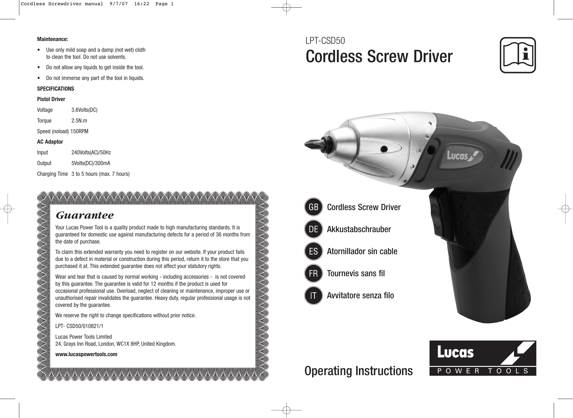 Lucas Industries Lpt Csd50 Users Manual Cordless Screwdriver