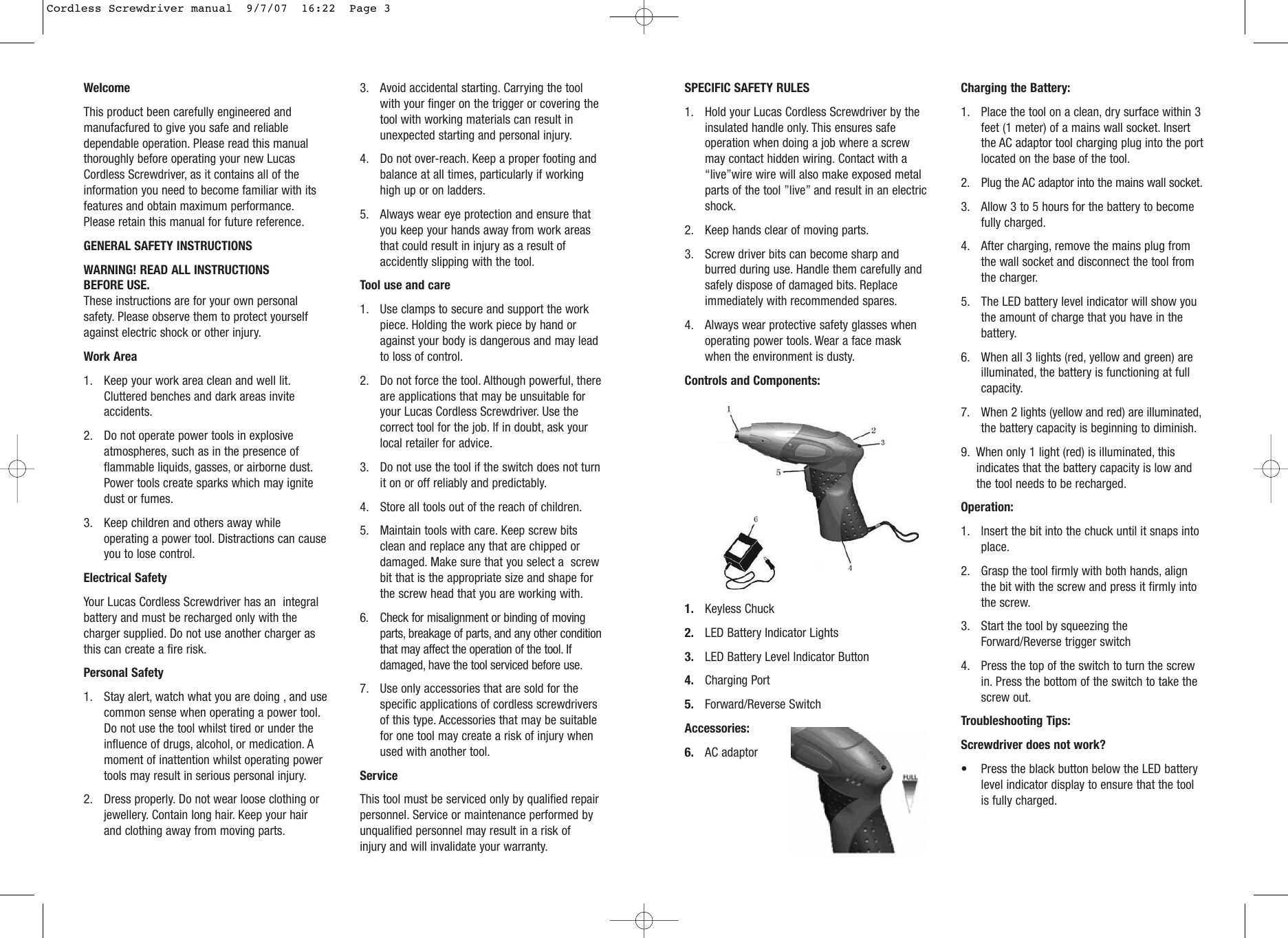 Lucas Industries Lpt Csd50 Users Manual Cordless Screwdriver