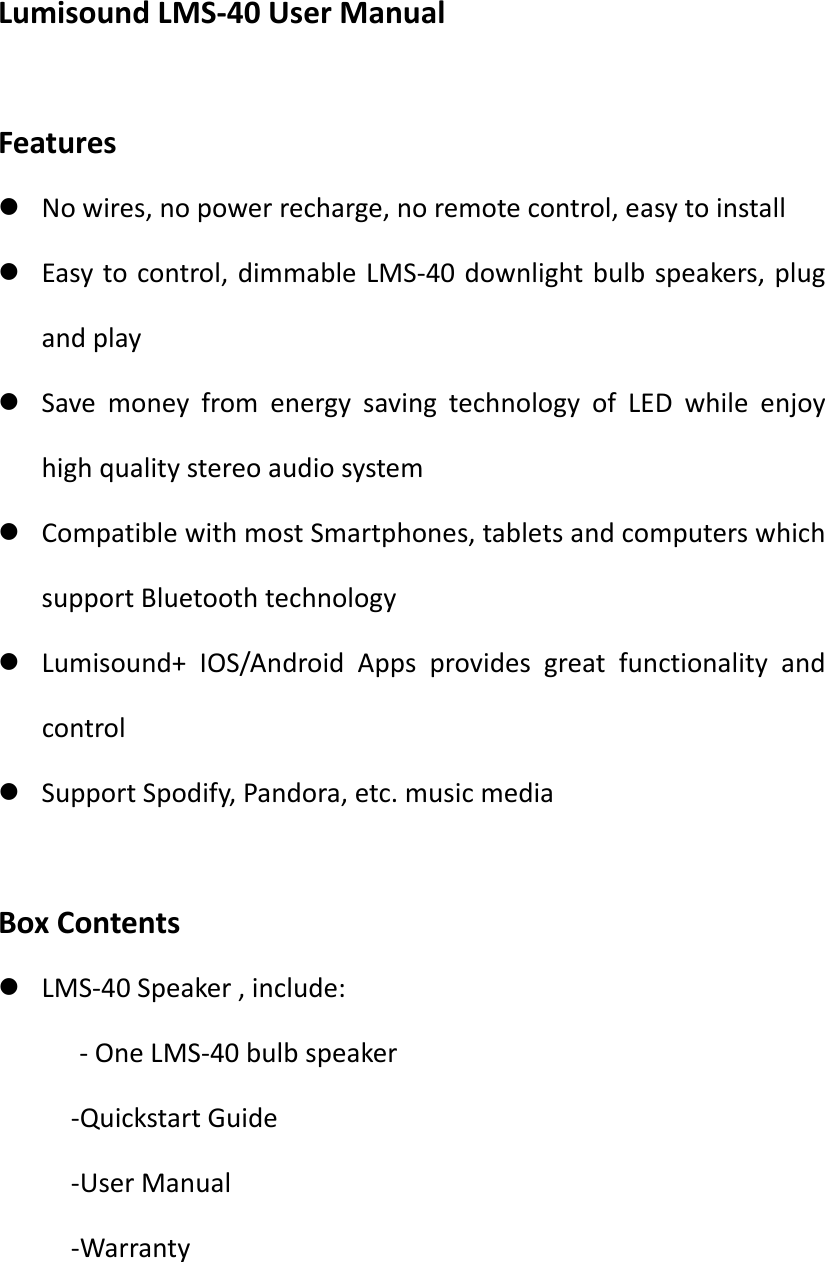 Lumisound Technologies LMS40 LED Wireless Bulb Speaker User Manual