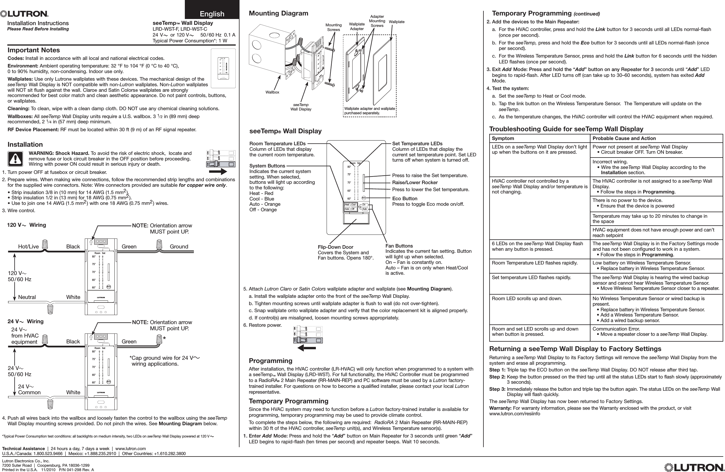Lutron Electronics 0074 RF Theromstat User Manual
