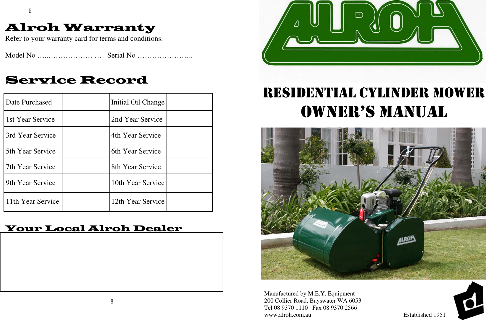 M E Y Equipment Residential Cylinder Mower Users Manual Alroh