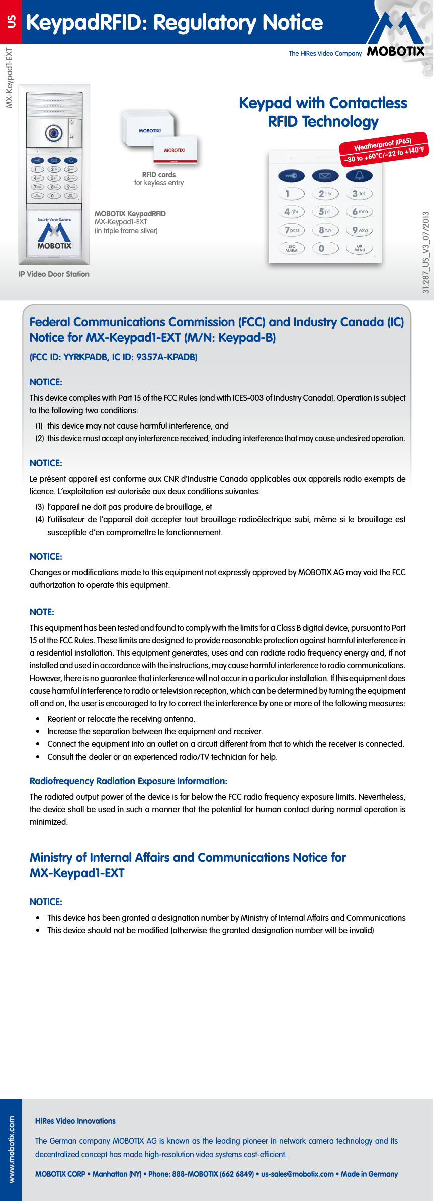 MOBOTIX KPADB RFID access control system User Manual Reg Notice Keypad