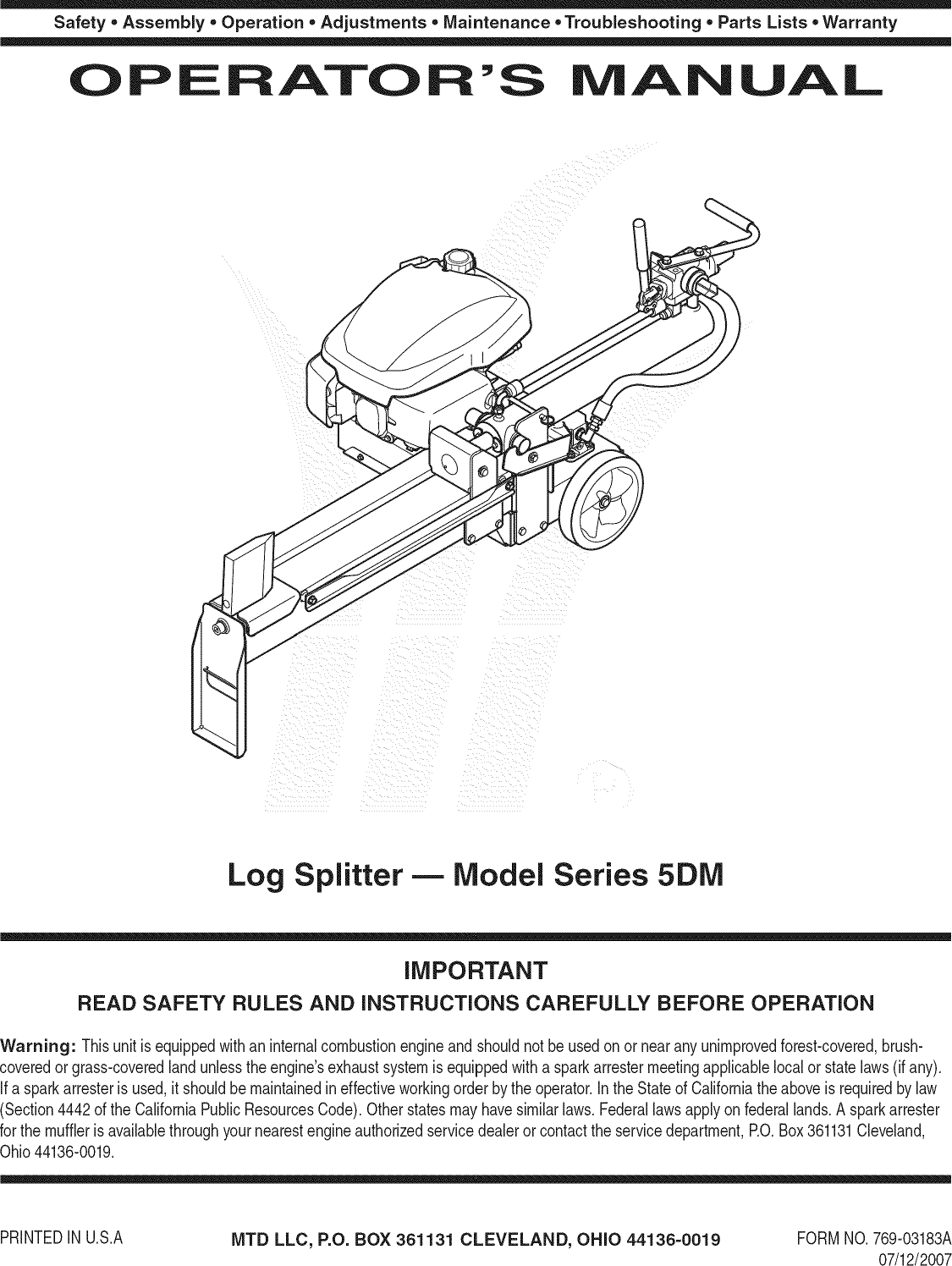 MTD 24AA5DMK029 User Manual LOG SPLITTER Manuals And Guides 1109105L