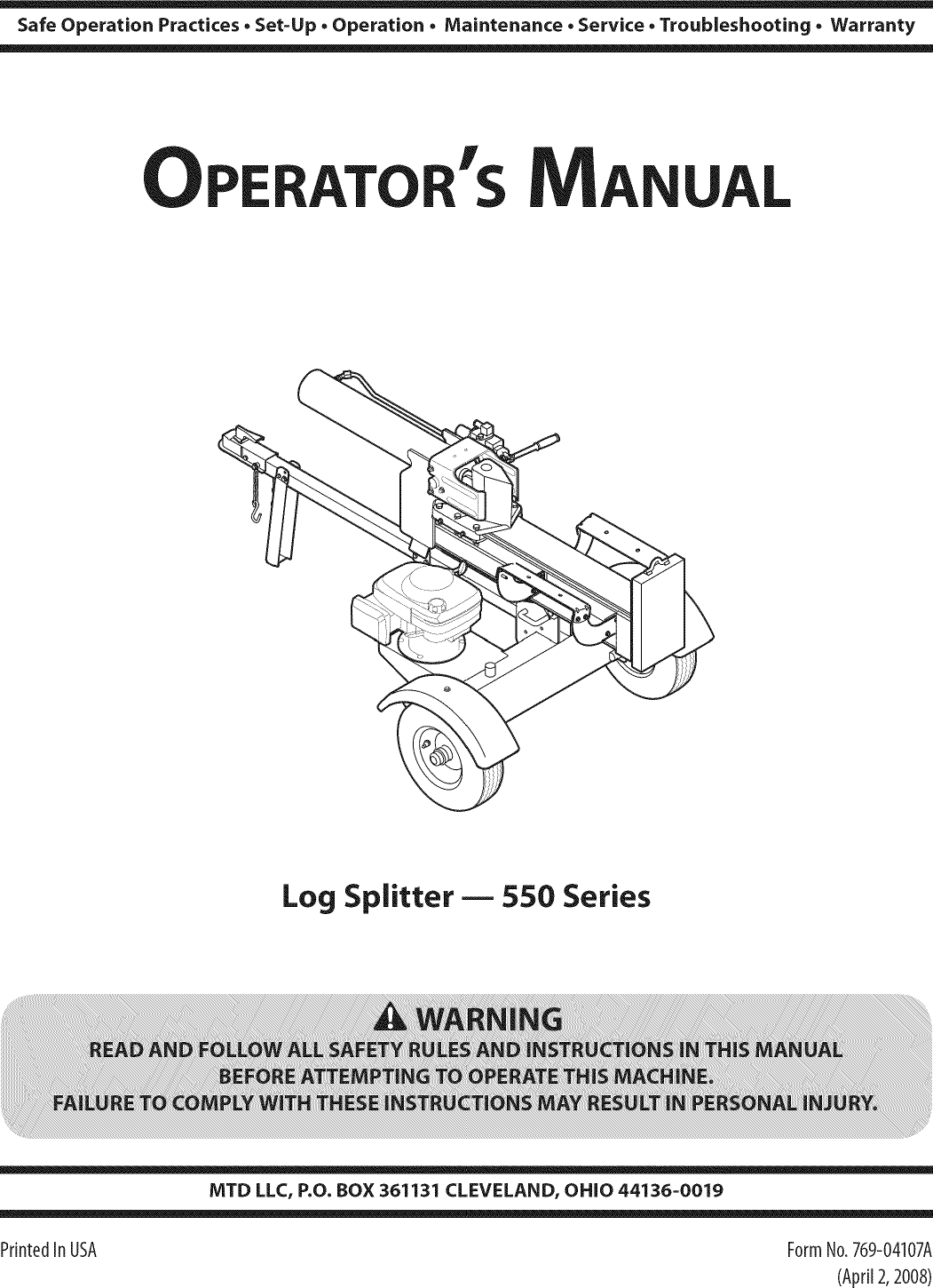 MTD 24BF550B029 User Manual LOG SPLITTER Manuals And Guides 1108452L