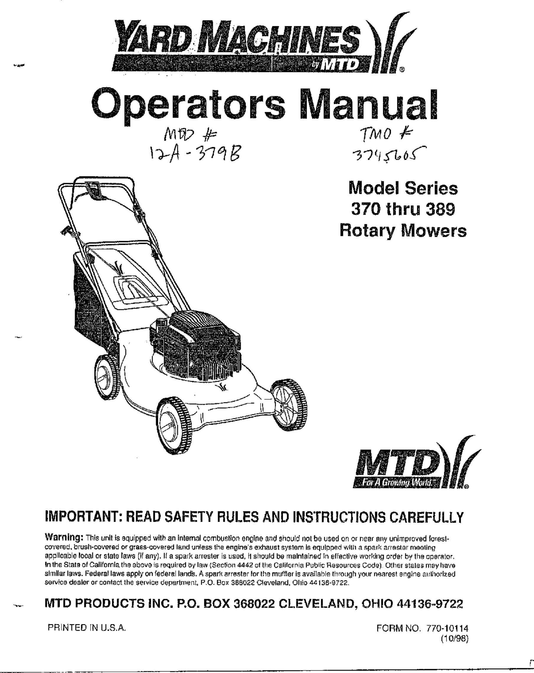MTD Walk Behind Lawnmower, Gas Manual WL000313