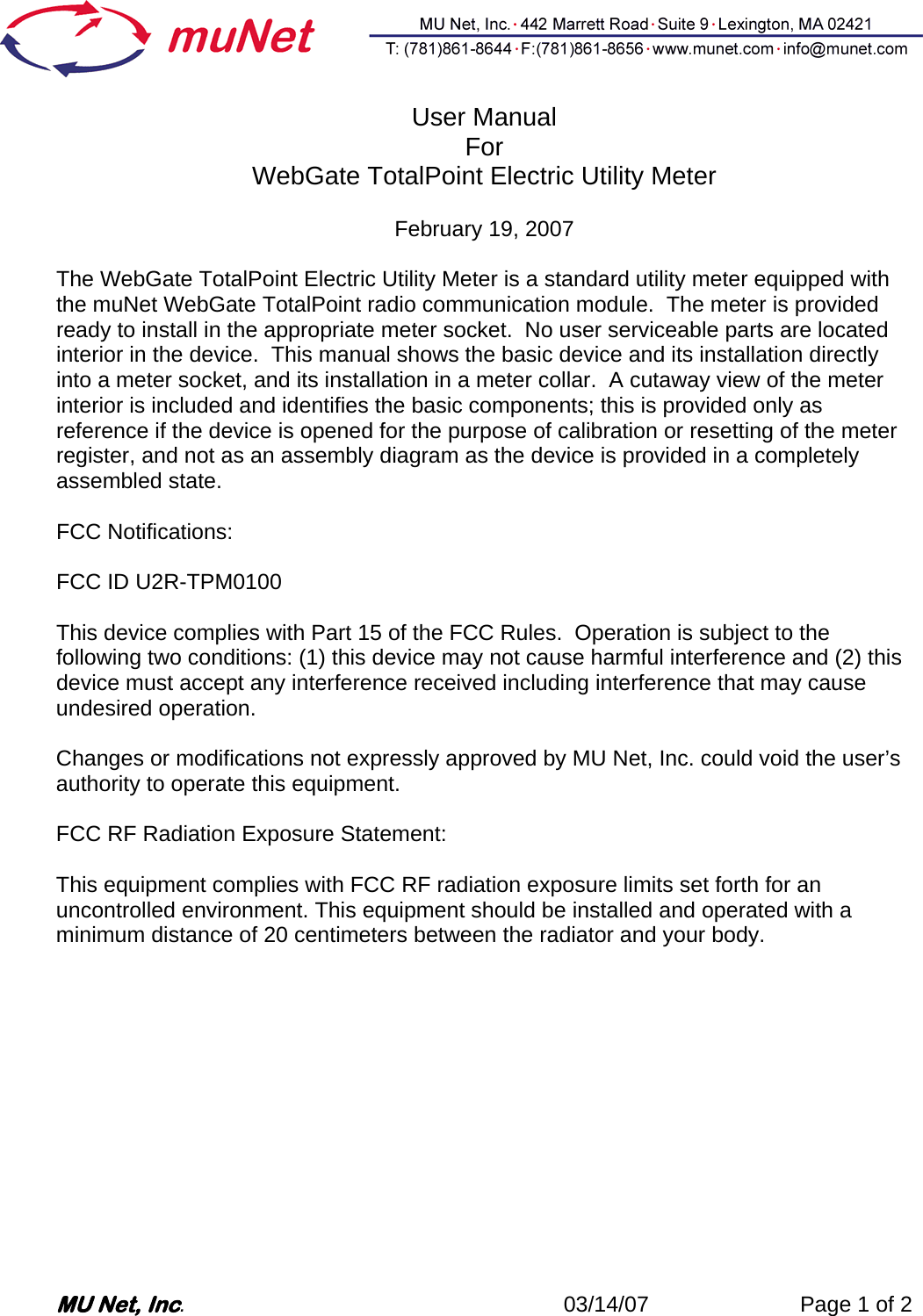 MU Net TPM0100 Electric Utility Meter User Manual G1214