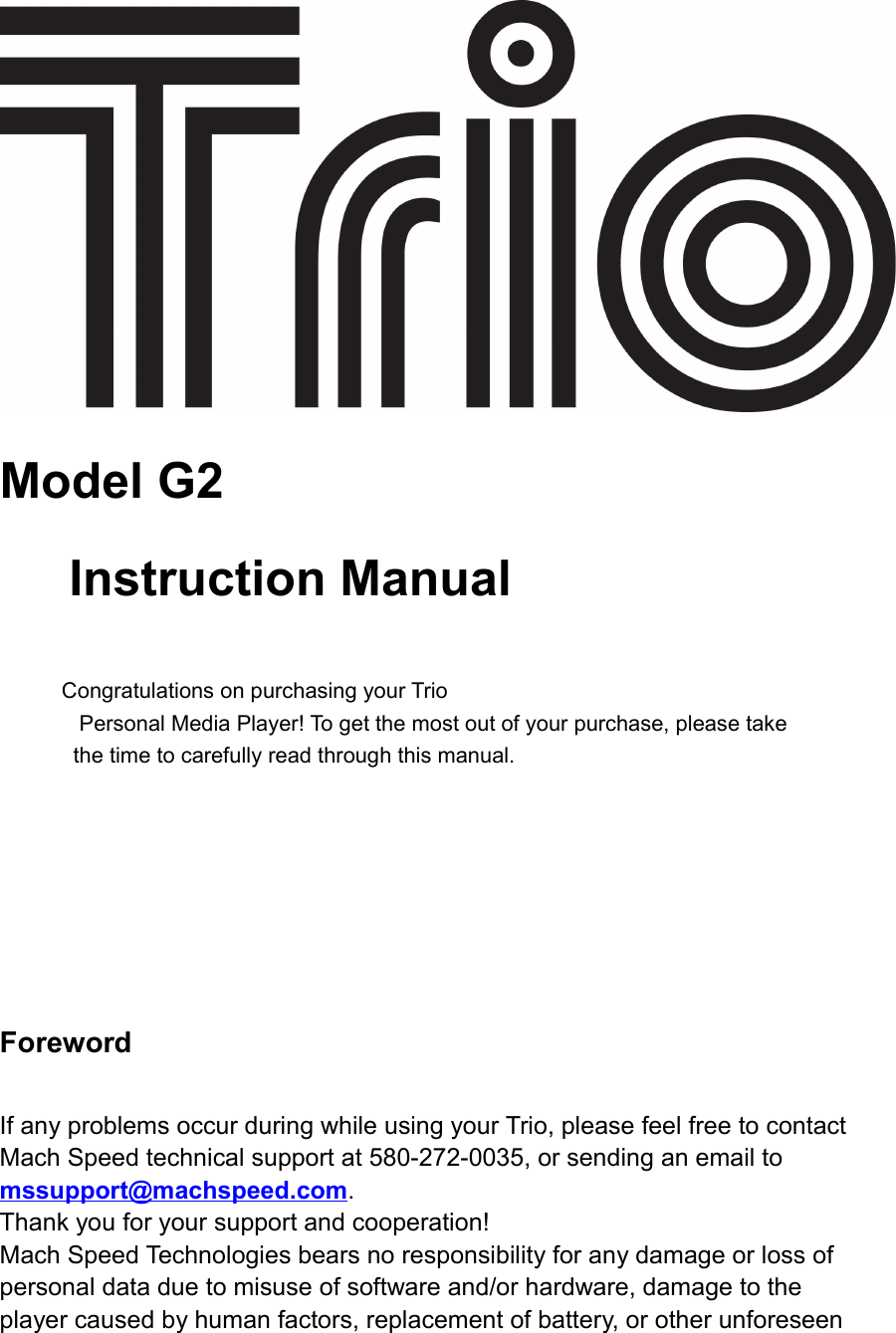 Mach Speed Technologies Trio G2 Users Manual GL3966 Design Spec