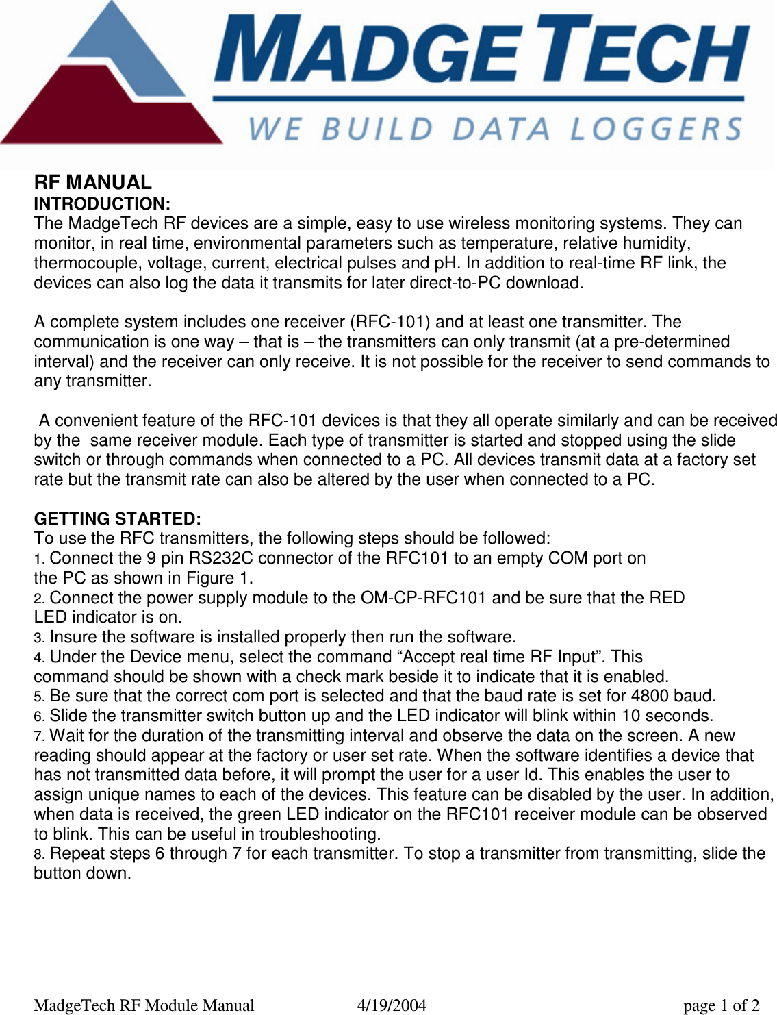 MadgeTech RFPHTEMP Wireless Data Logger User Manual RF Manual