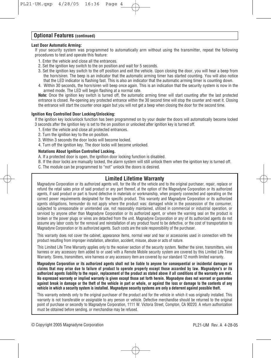 Magnadyne Remote Mobile Security System Pl21 Users Manual UM.qxp