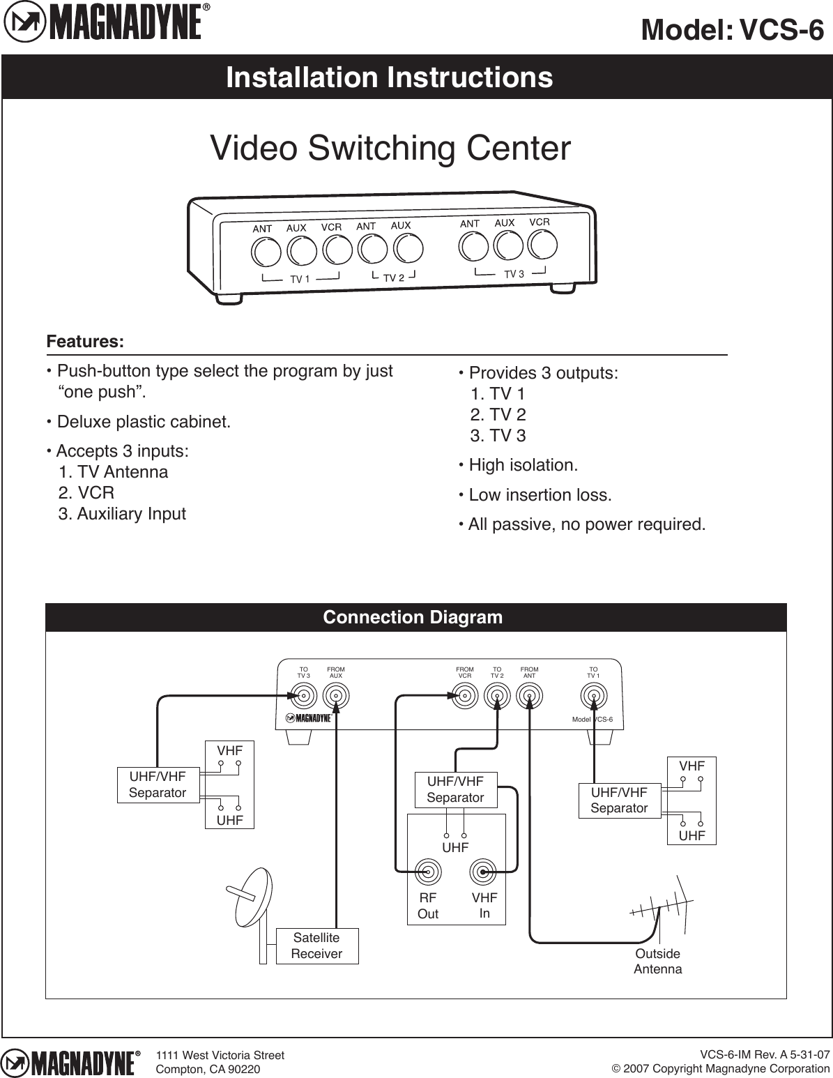 Magnadyne Video Switching Center Vcs 6 Users Manual IM