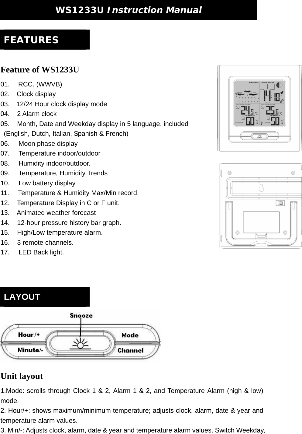 Mandolyn Electronic Technology WS Weather Station Receiver User Manual WS1233U manual UPM Rev1