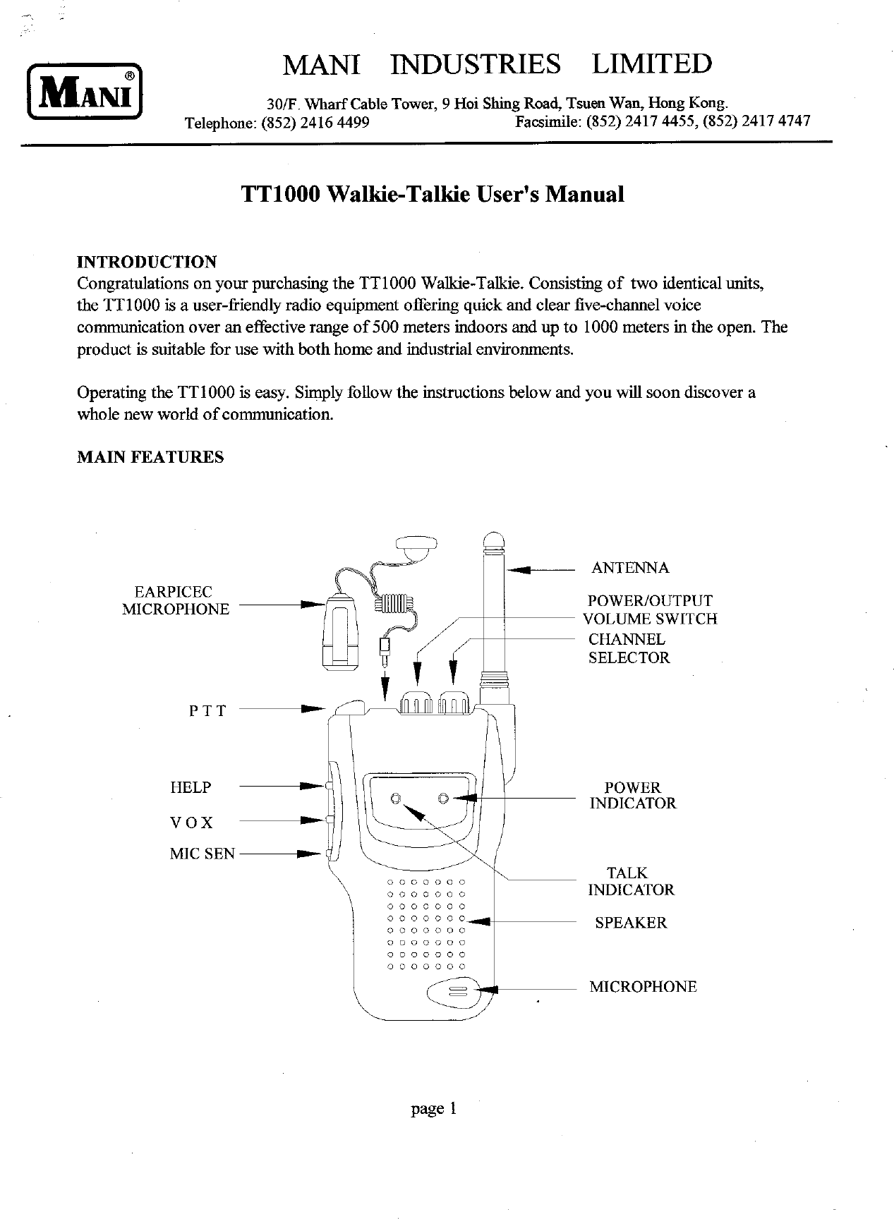 Mani TT1000 Hand Held transceiver User Manual