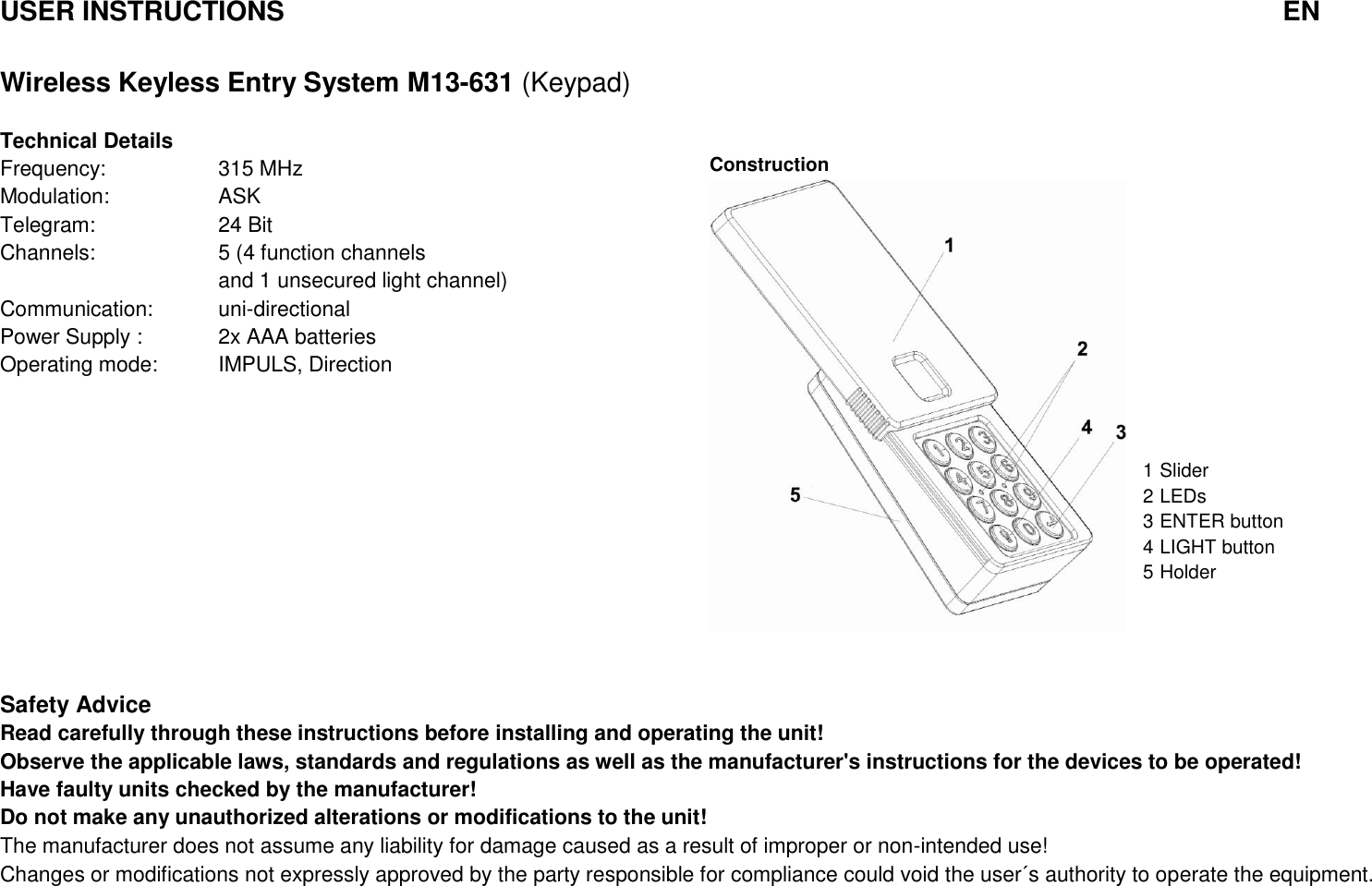 Marantec America WK13315 Wireless Keyless Entry System User Manual M13 ...