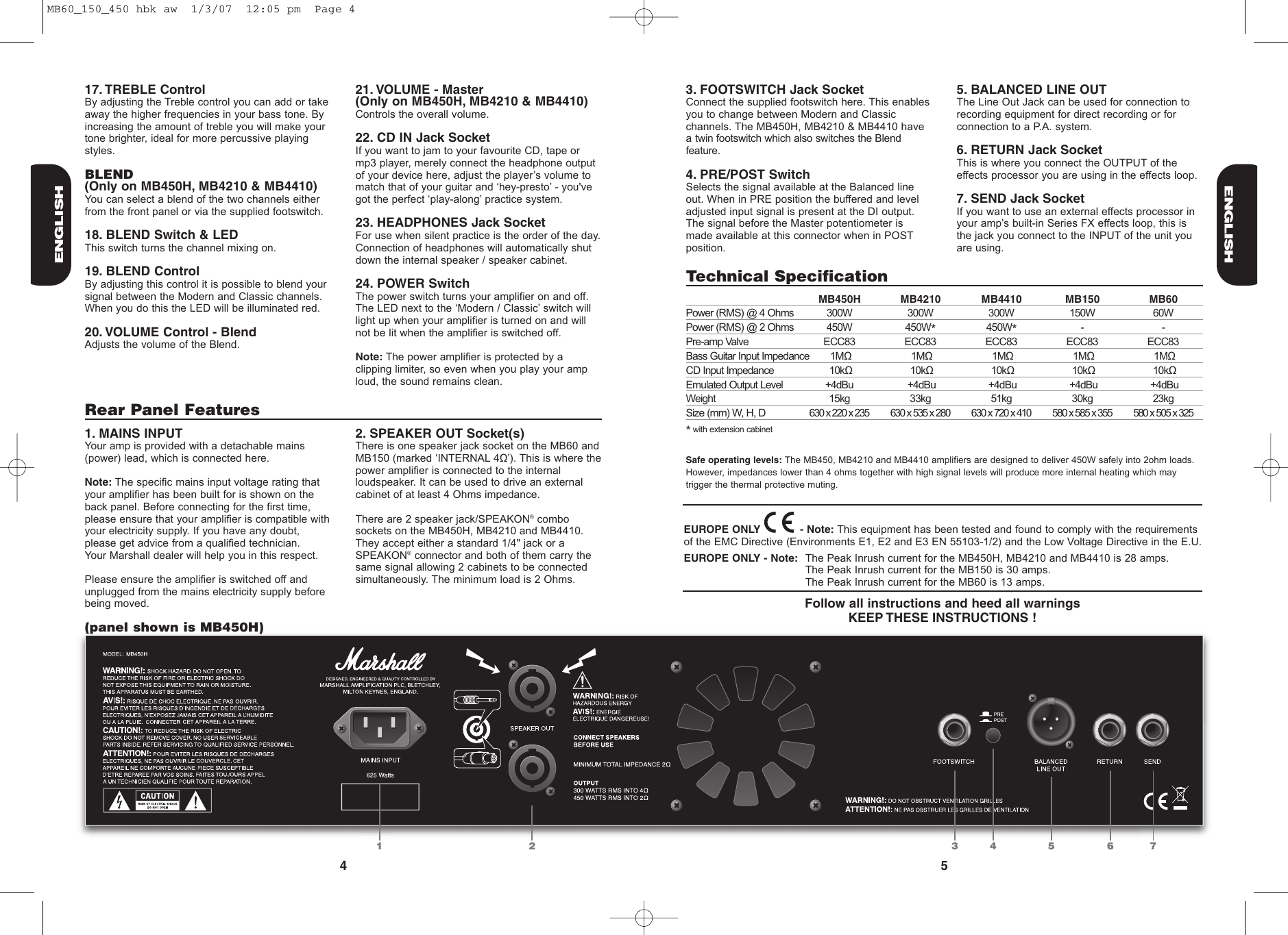 Marshall Amplification Mb150 Users Manual MB60 Handbook Aw