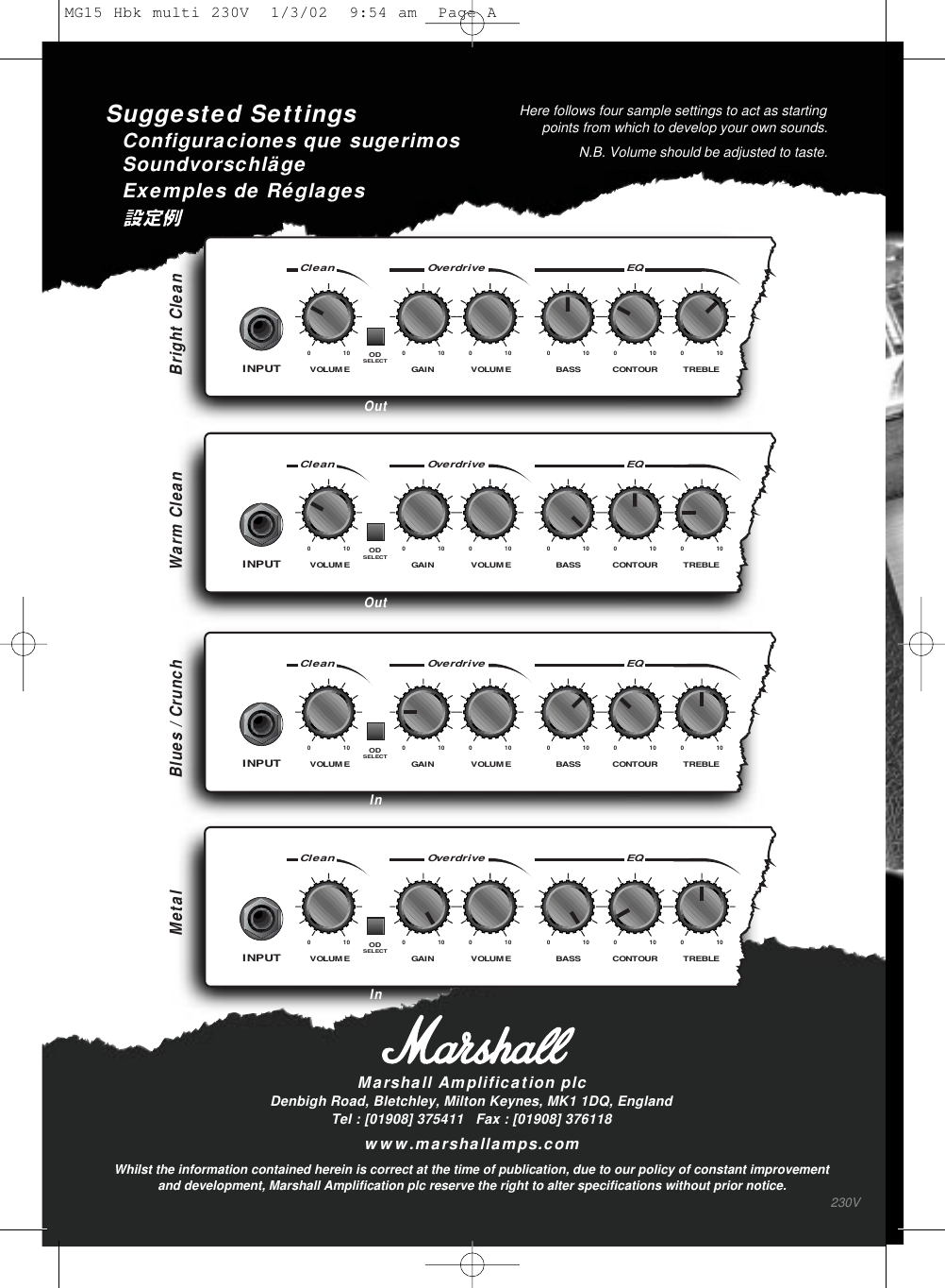 Marshall Amplification Mg15 Series Users Manual Hbk Multi 230V
