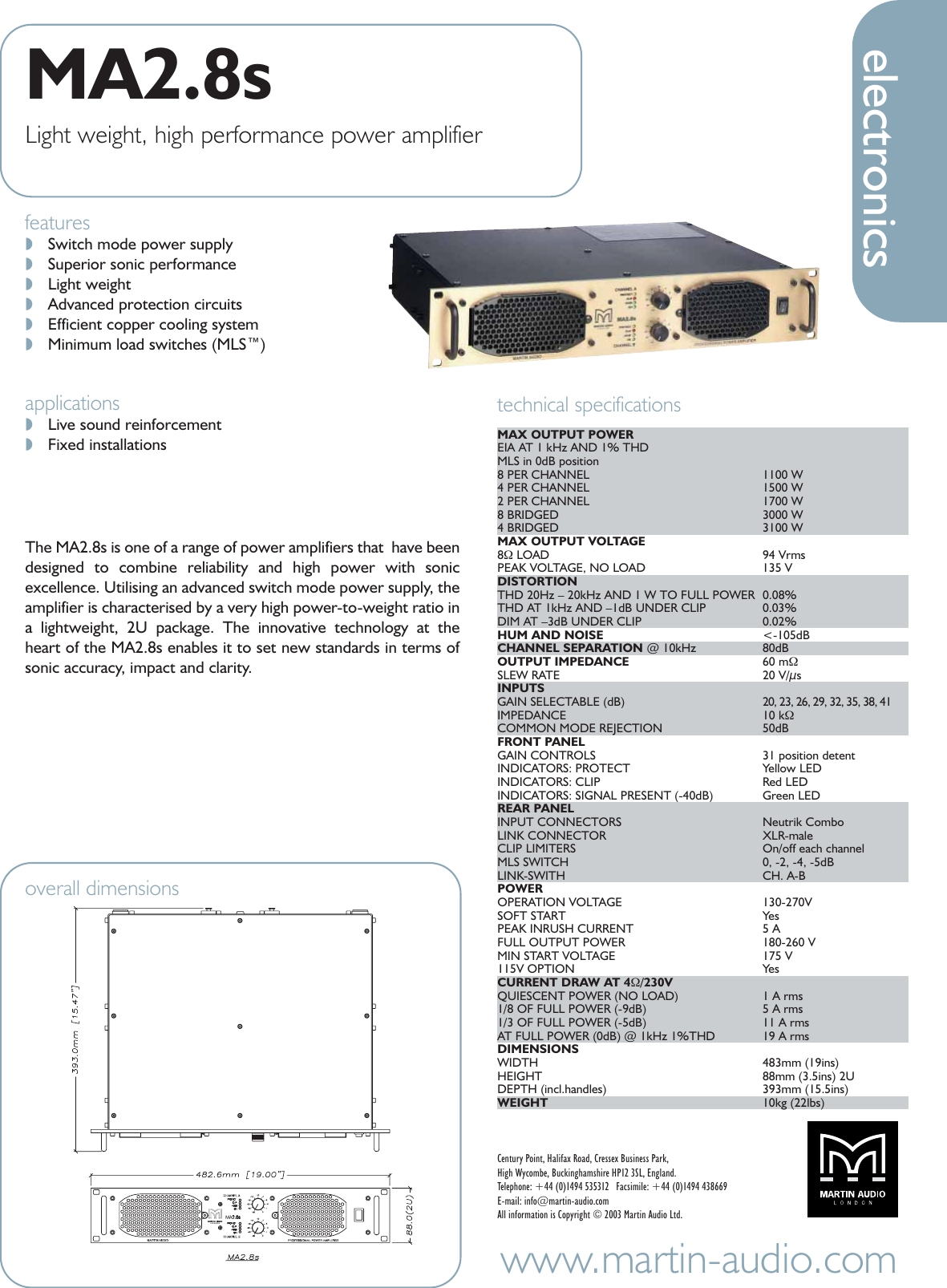 Martin Audio Ma2 8S Users Manual MA2.8s Single Page