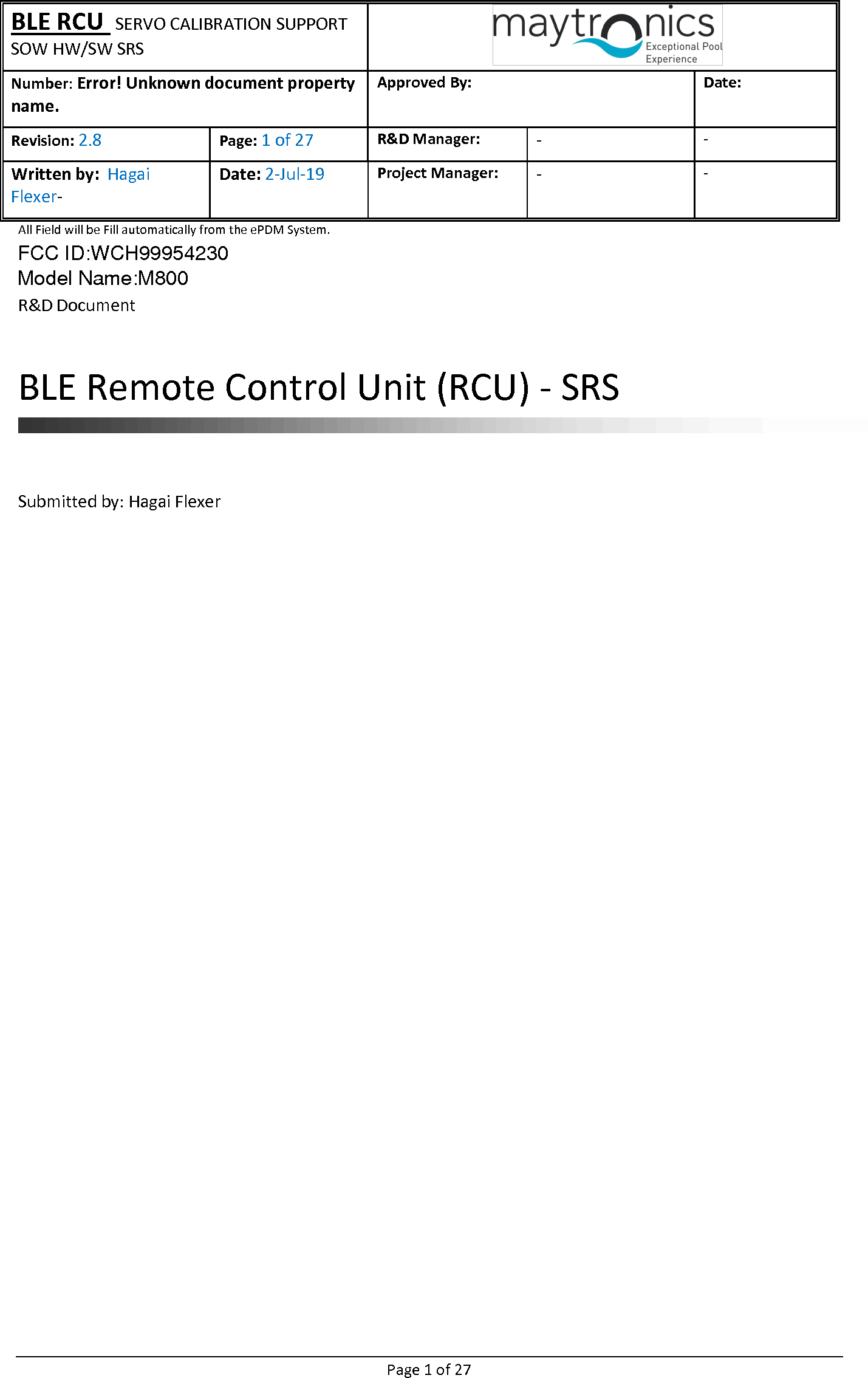 Maytronics 99954230 REMOTE CONTROL UNIT User Manual