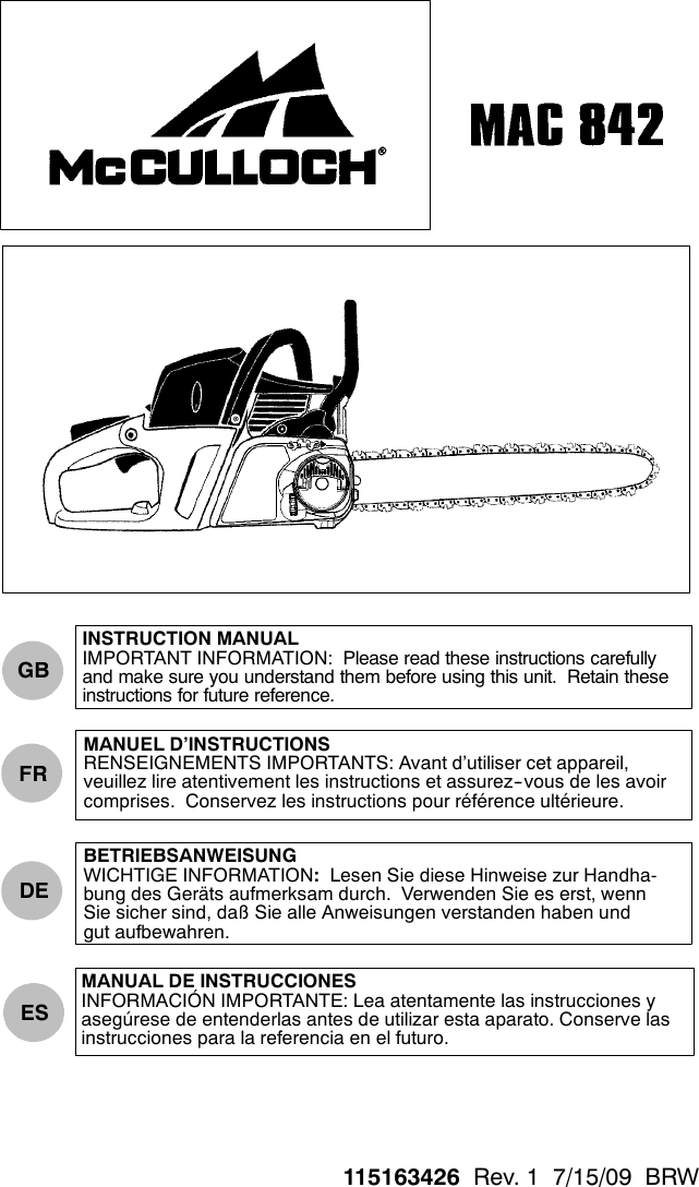Mcculloch Mac 842 Users Manual OM, McCulloch, 842, 952802186, 952802187 ...