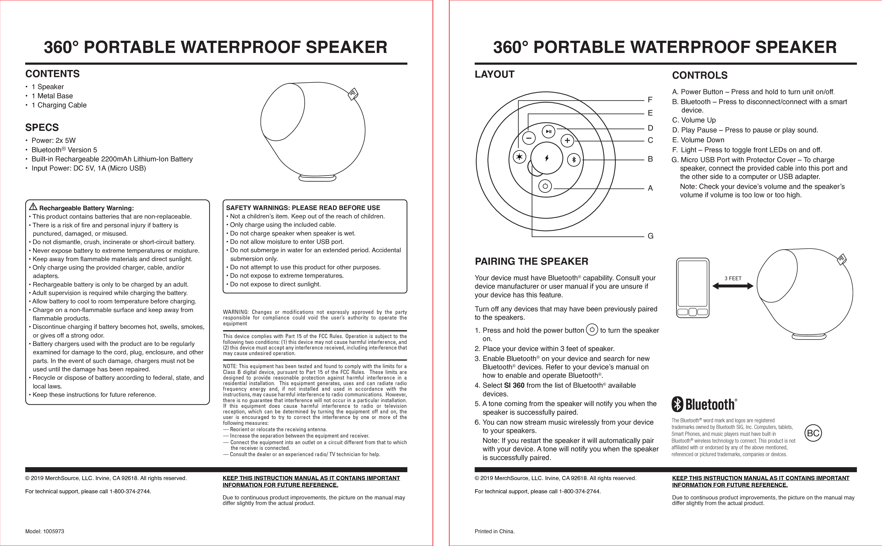 MerchSource 1005973 Speaker 360 Degree Portable Waterproof Bluetooth ...
