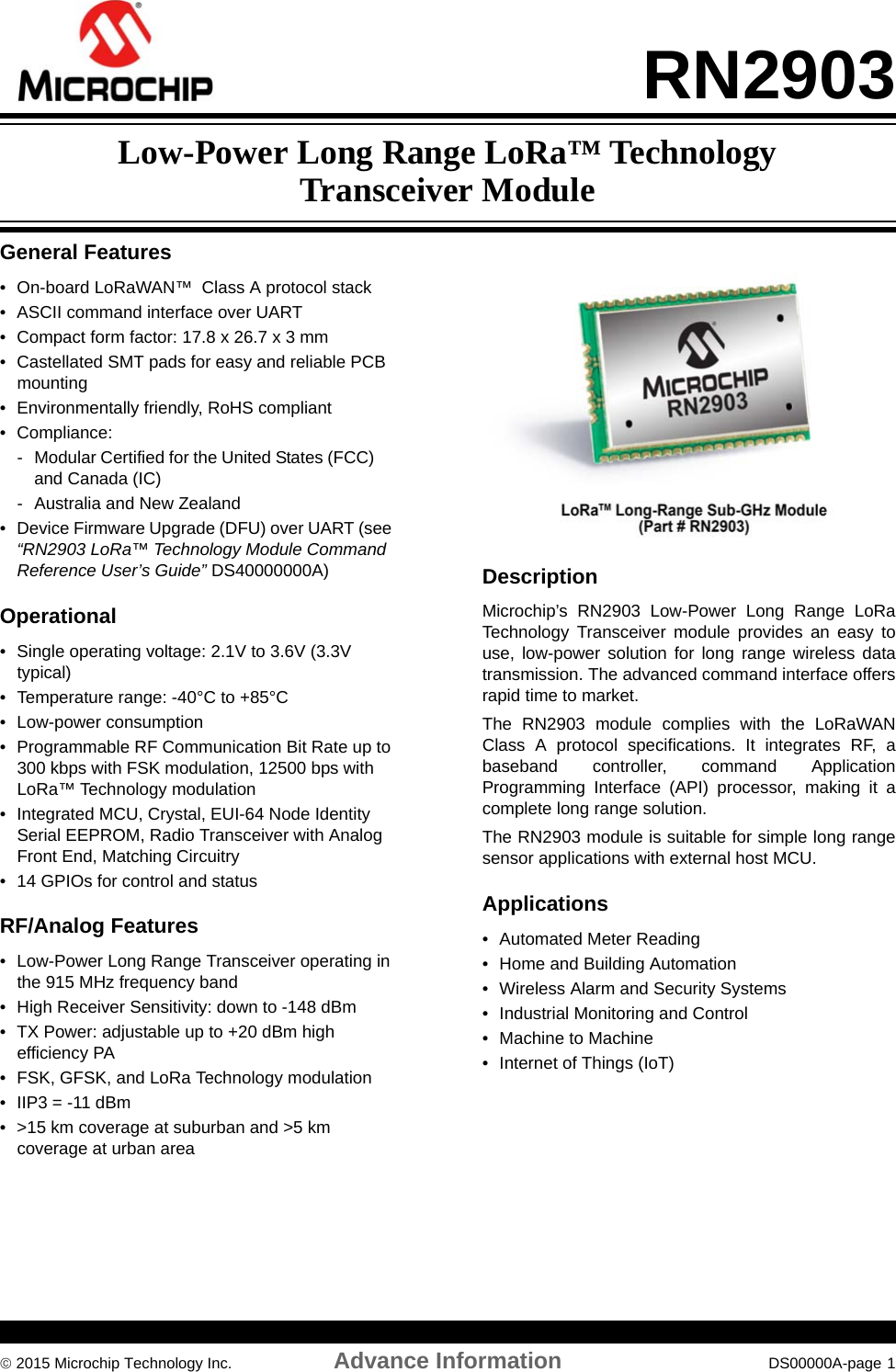 MICROCHIP TECHNOLOGY RN2903 RN2903 Module User Manual RN2903