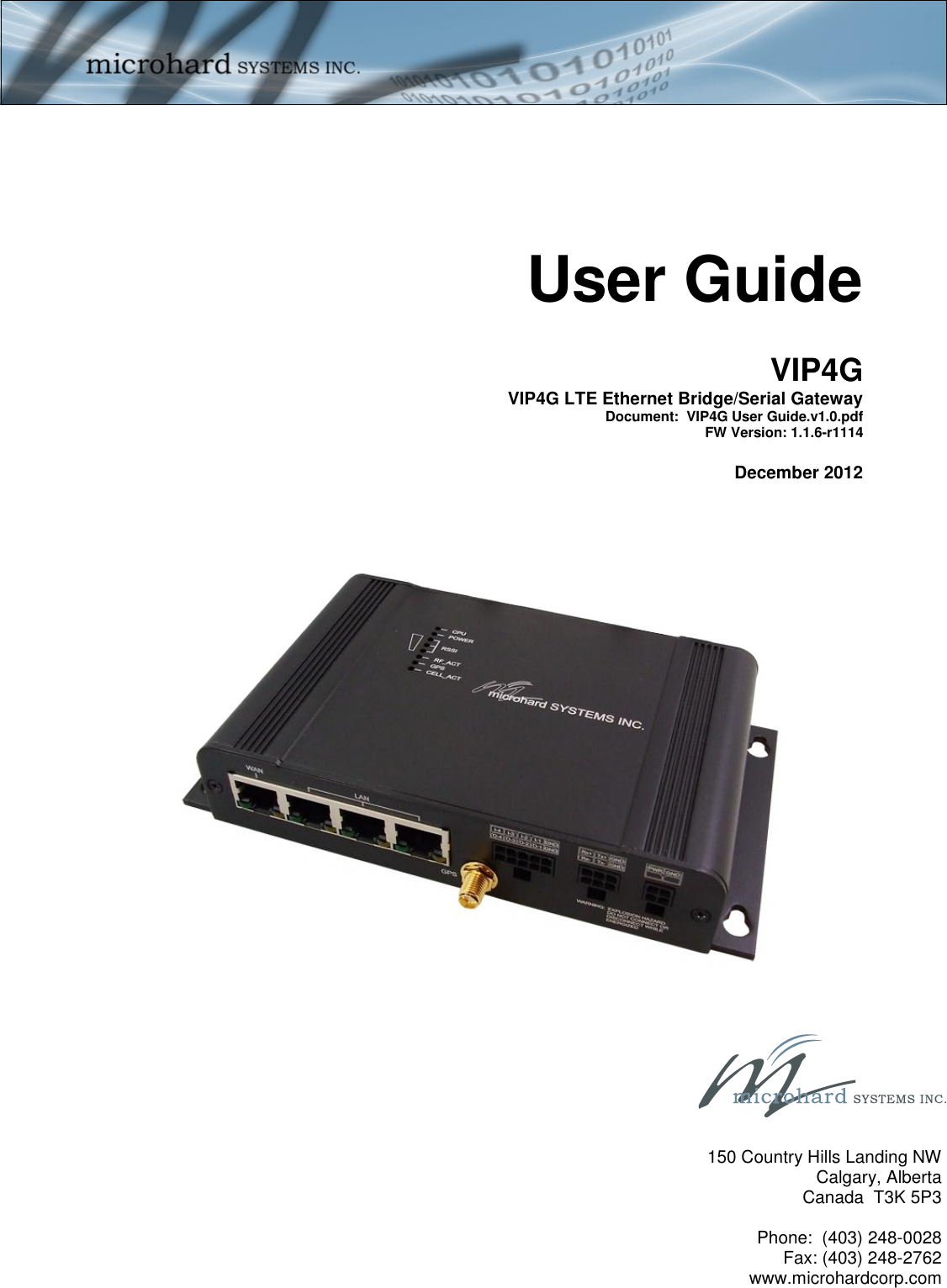 Microhard Systems VIP4GABGN20 LTE Ethernet Bridge / Serial Gateway User ...