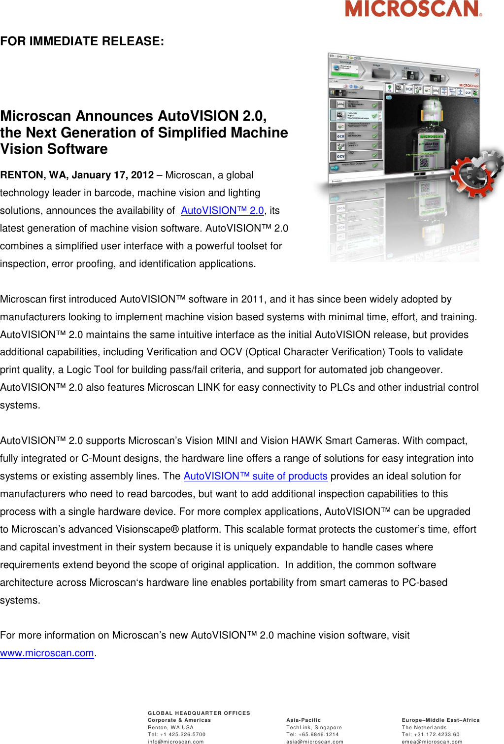Microscan Autovision 2 Next gen Simplified Vision Software