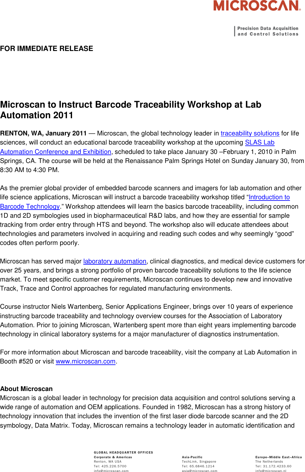 Microscan Barcode Traceability Course Lab Automation