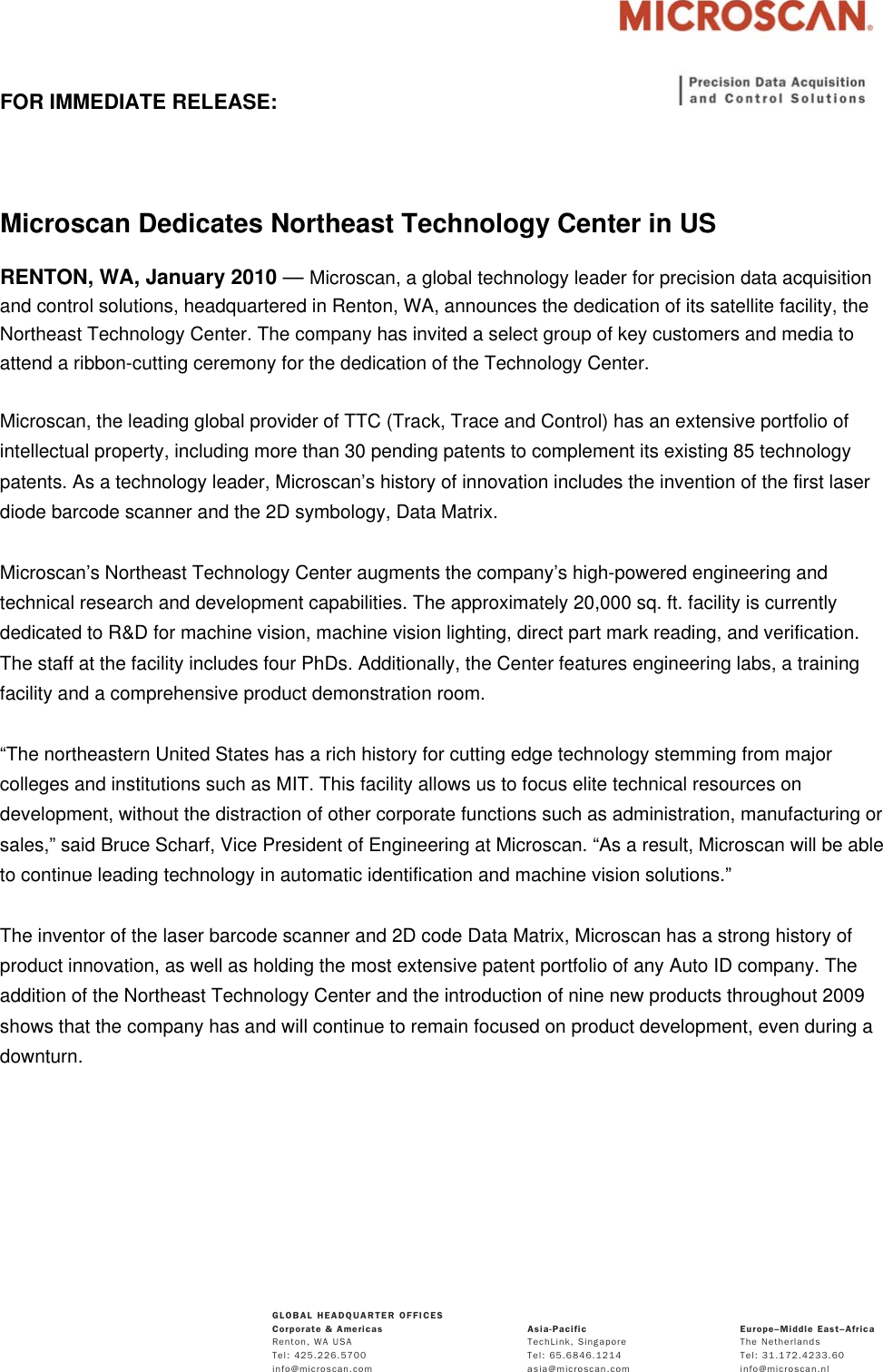 Microscan Dedicates Northeast Technology Center