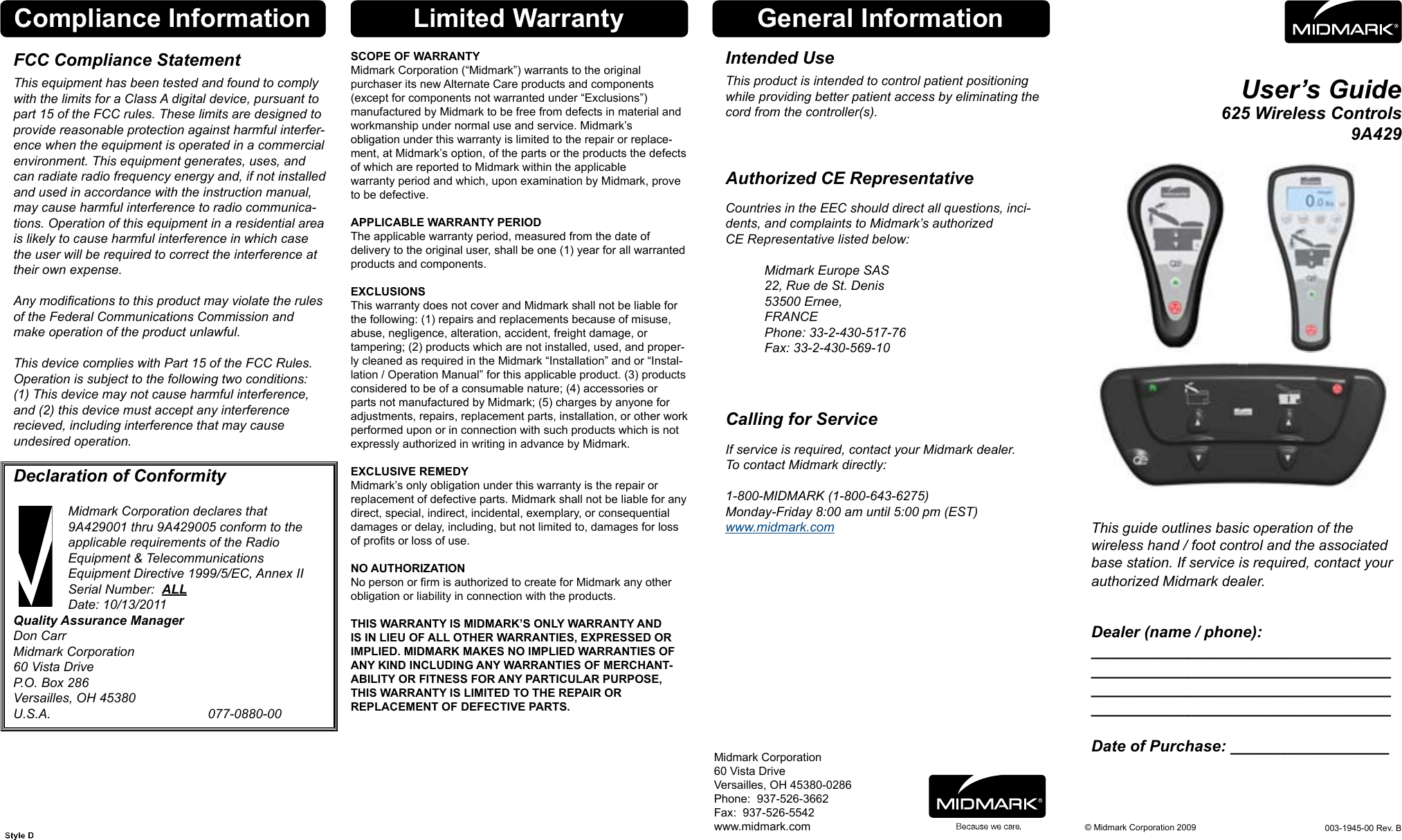 Midmark 9A429005 625 Scale Hand Control User Manual Manual