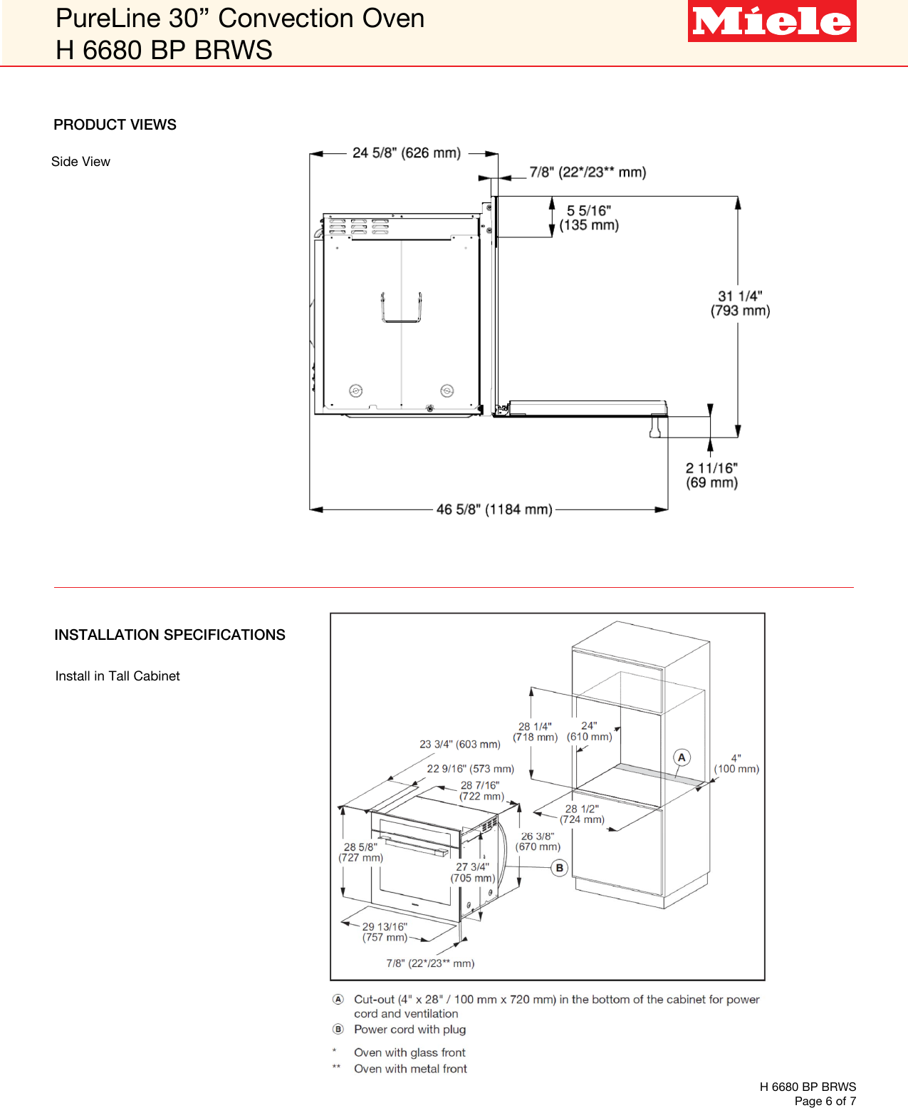Miele H 6680 Bp Specification Sheet